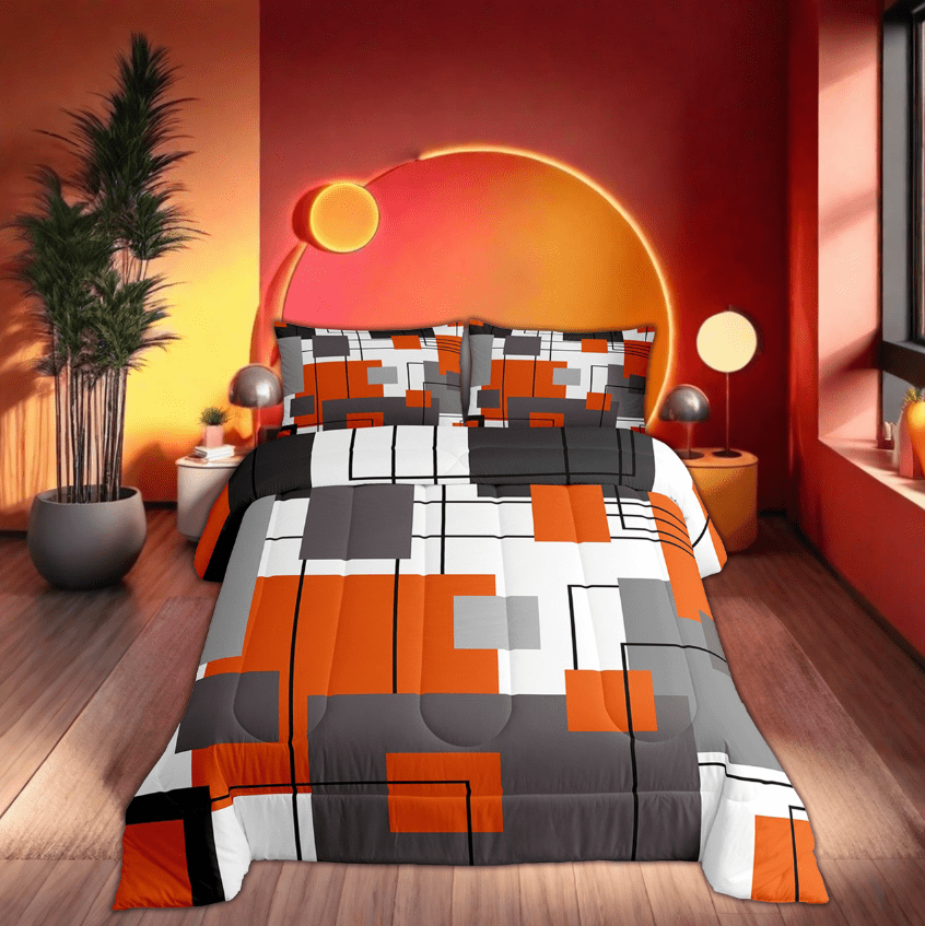 Erosebridal Black White Grey Orange Bedding Set Queen Geometric Square ...