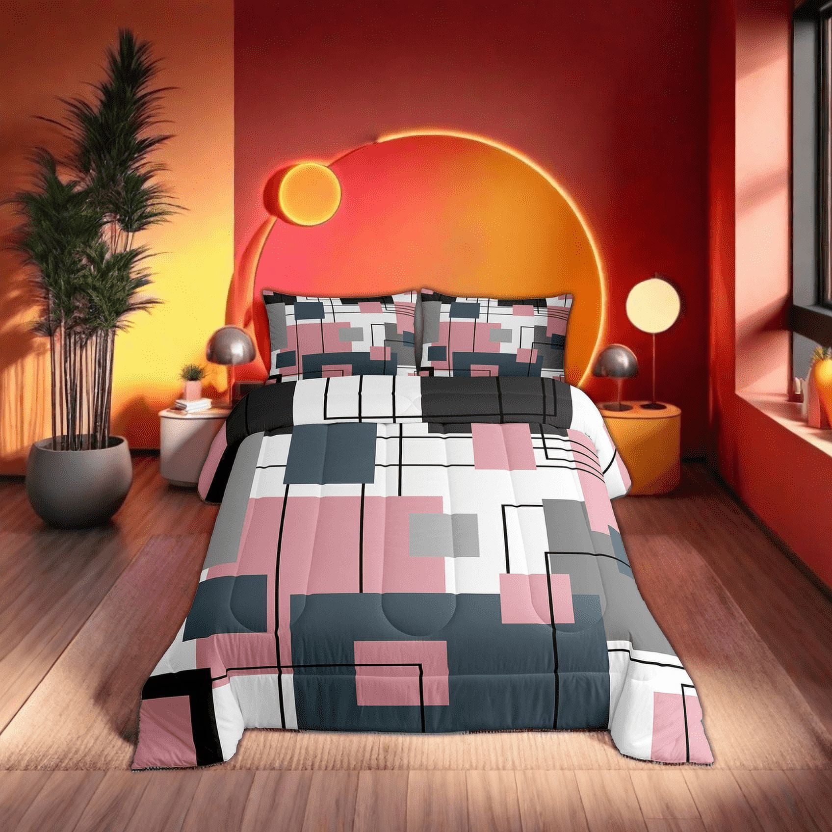 Erosebridal Black White Grey Pink Twin Bedding Set Geometric Square ...