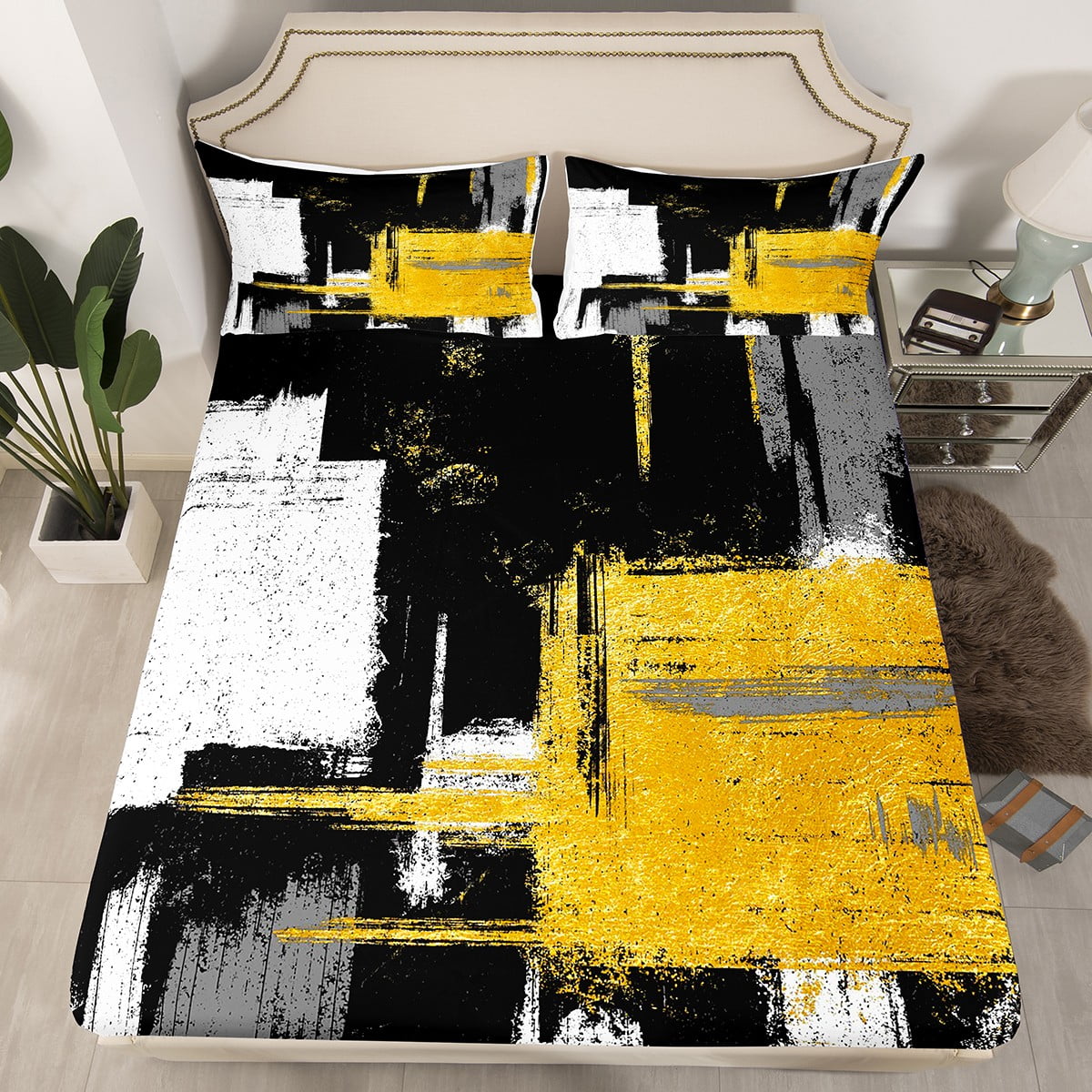 Erosebridal Black Yellow Minimalism Fitted Sheet Set Twin, Chic ...