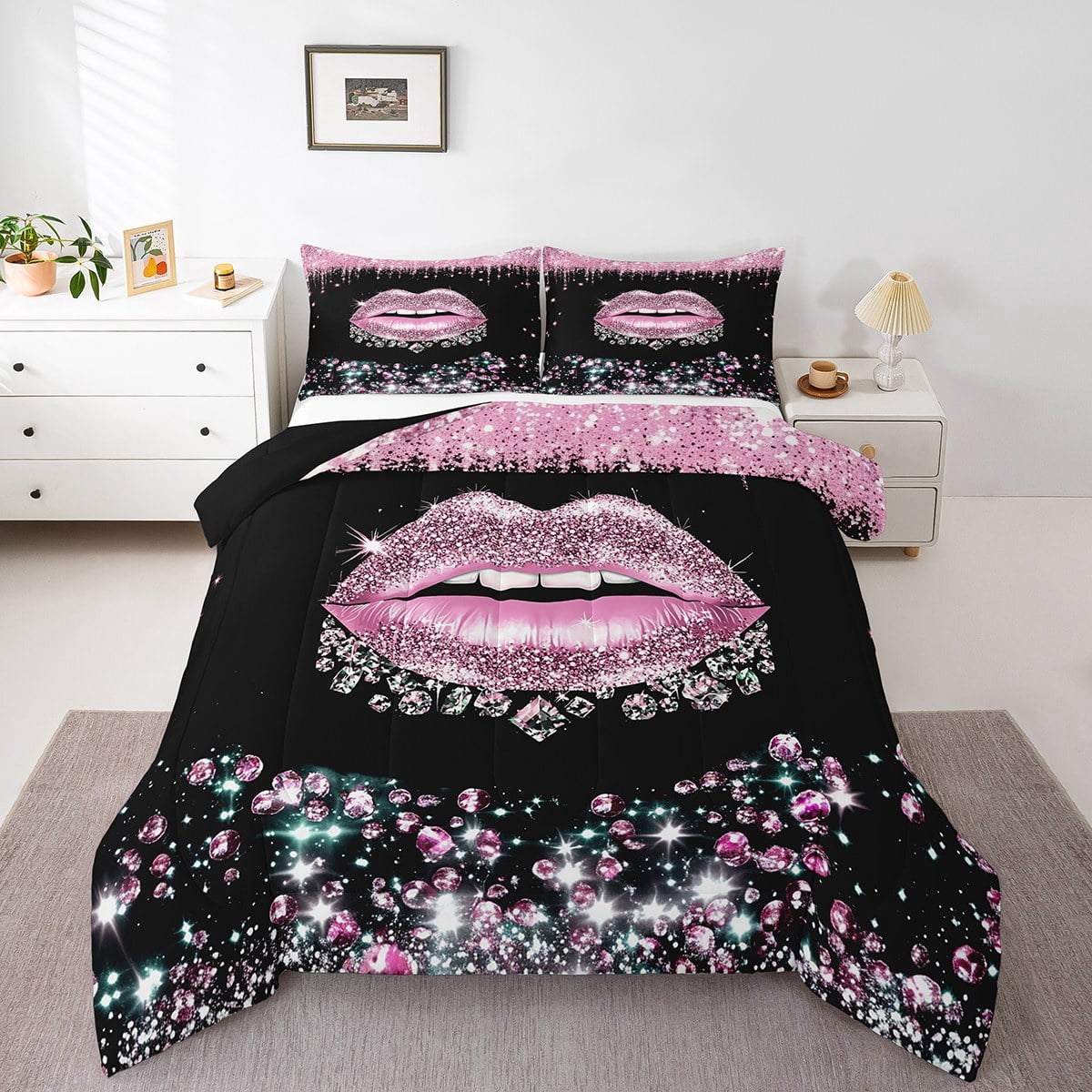 Erosebridal Bling Lip Bedding Sets Full with Comforter,Black Pink Duvet ...