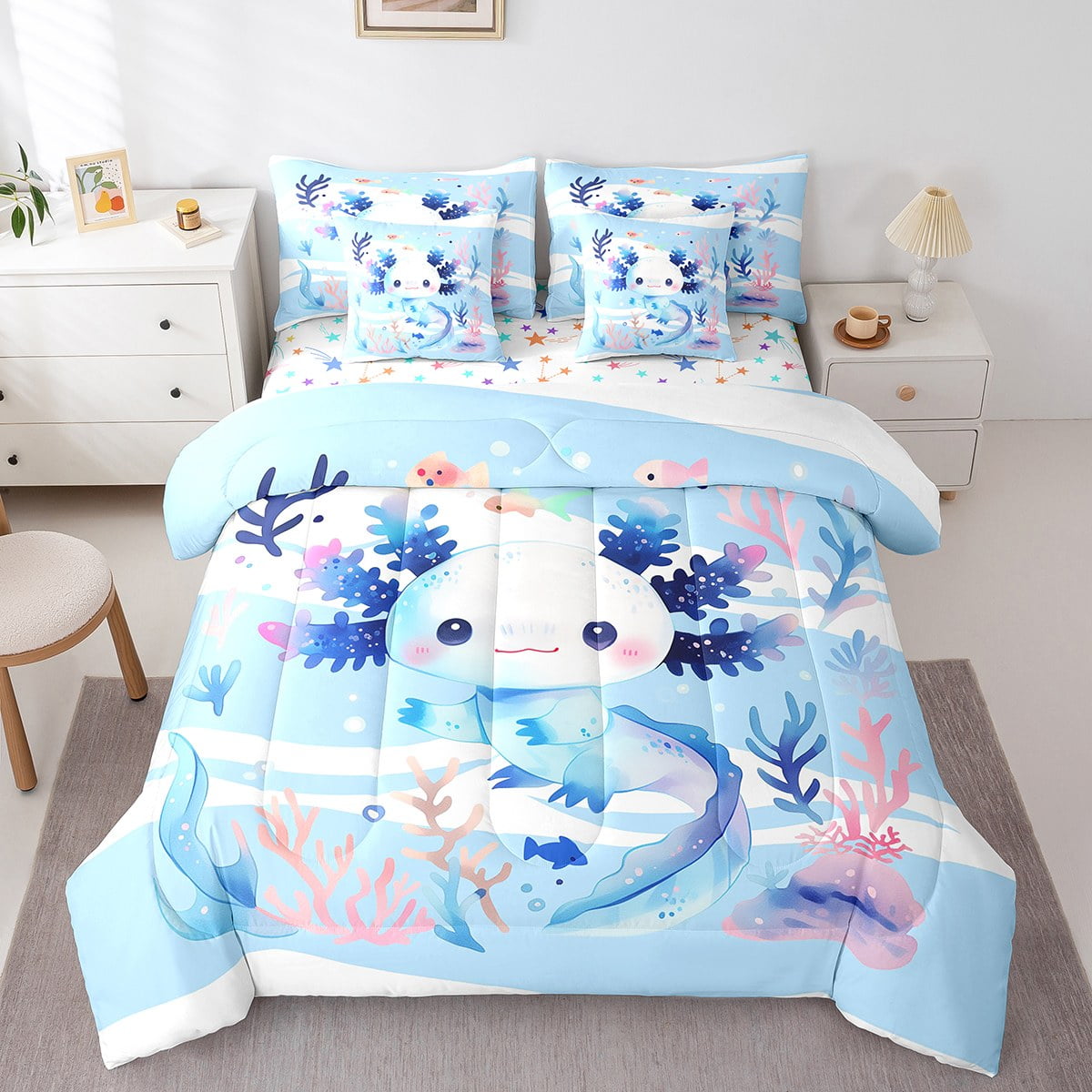 Erosebridal Blue Axolotl Bedding Sets Queen Size, Cartoon Ocean Sea ...
