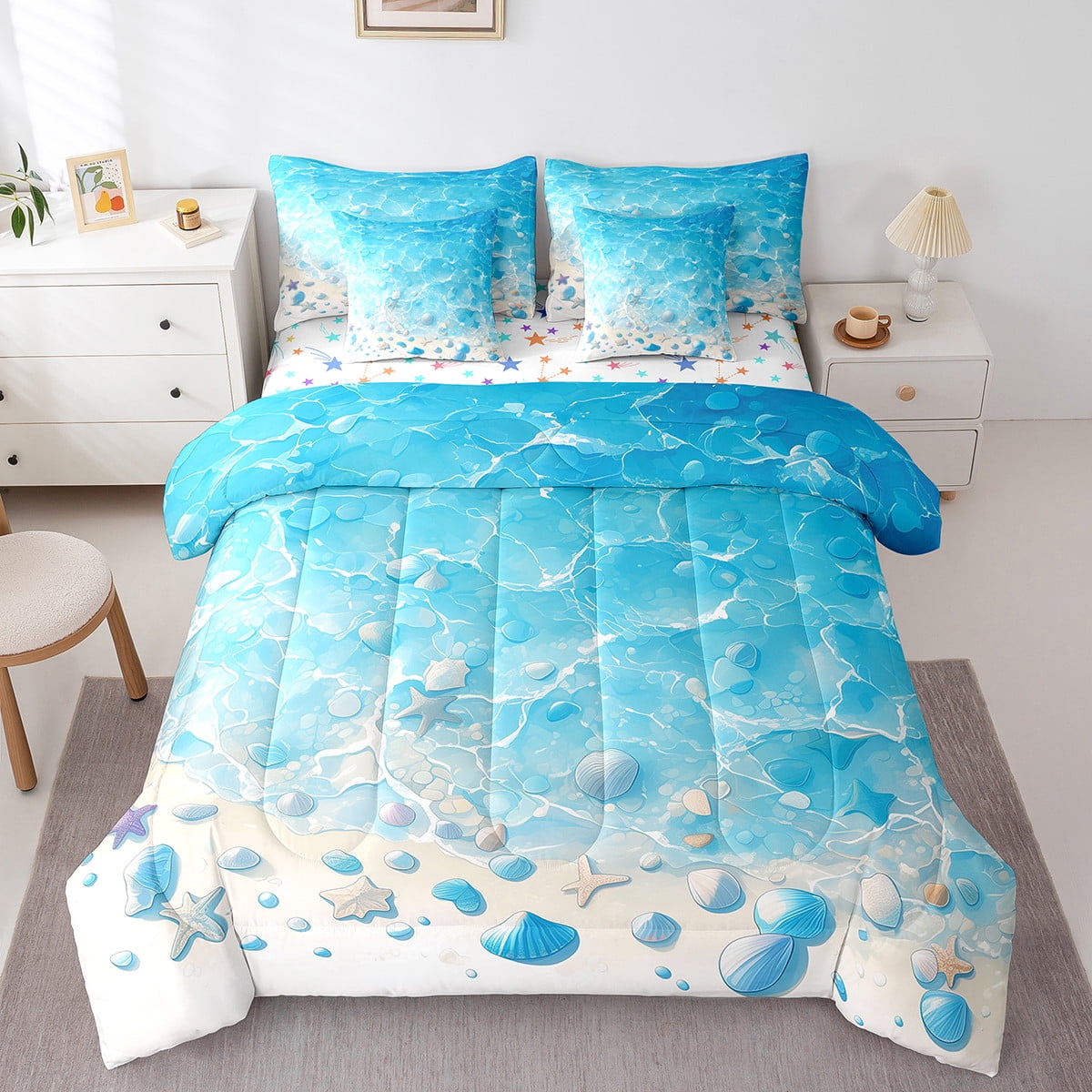 Erosebridal Blue Beach Bed in a Bag Full size, Coastal Seashell Bed Set ...