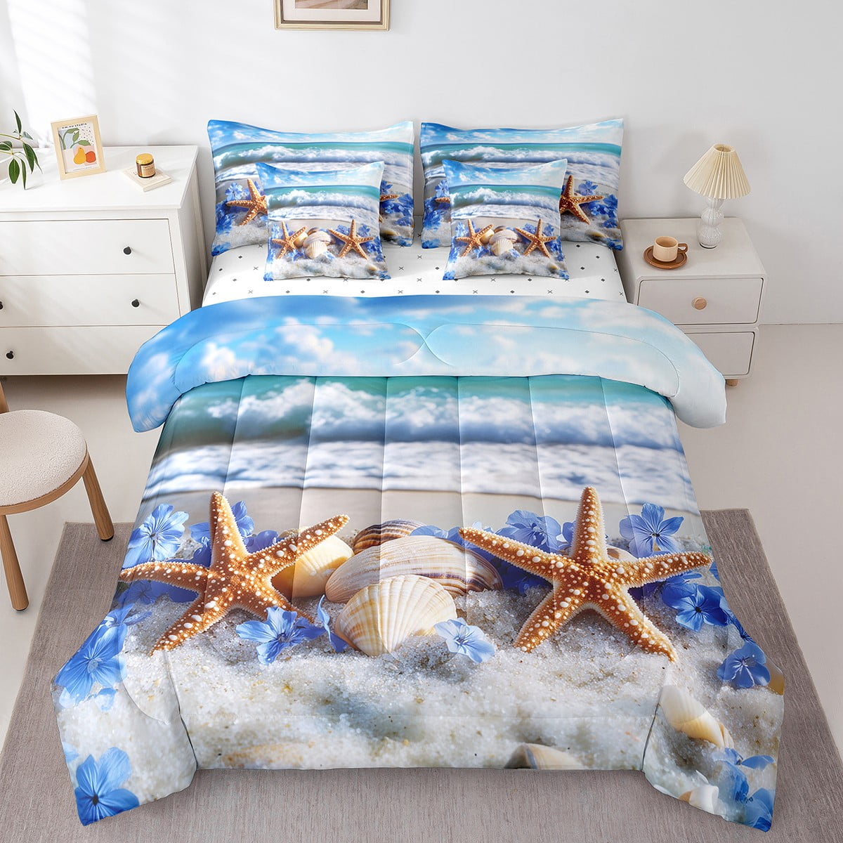 Erosebridal Blue Beach Bedding Sets Queen Size, Coastal Seashell ...