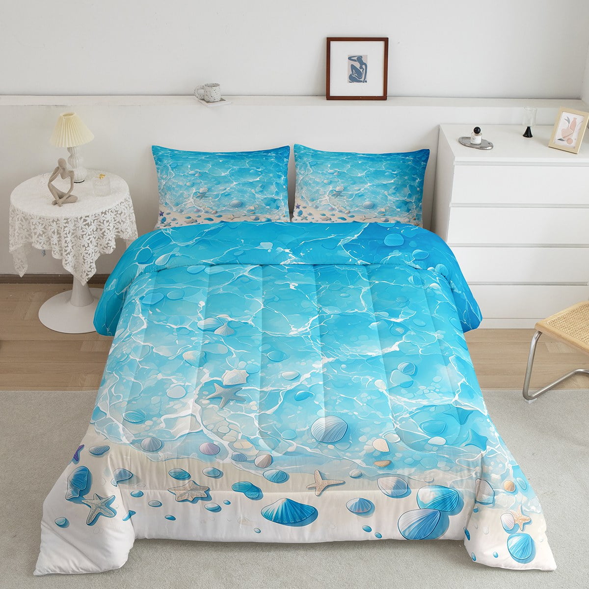 Erosebridal Blue Beach Comforter Sets Queen Size, Coastal Seashell ...