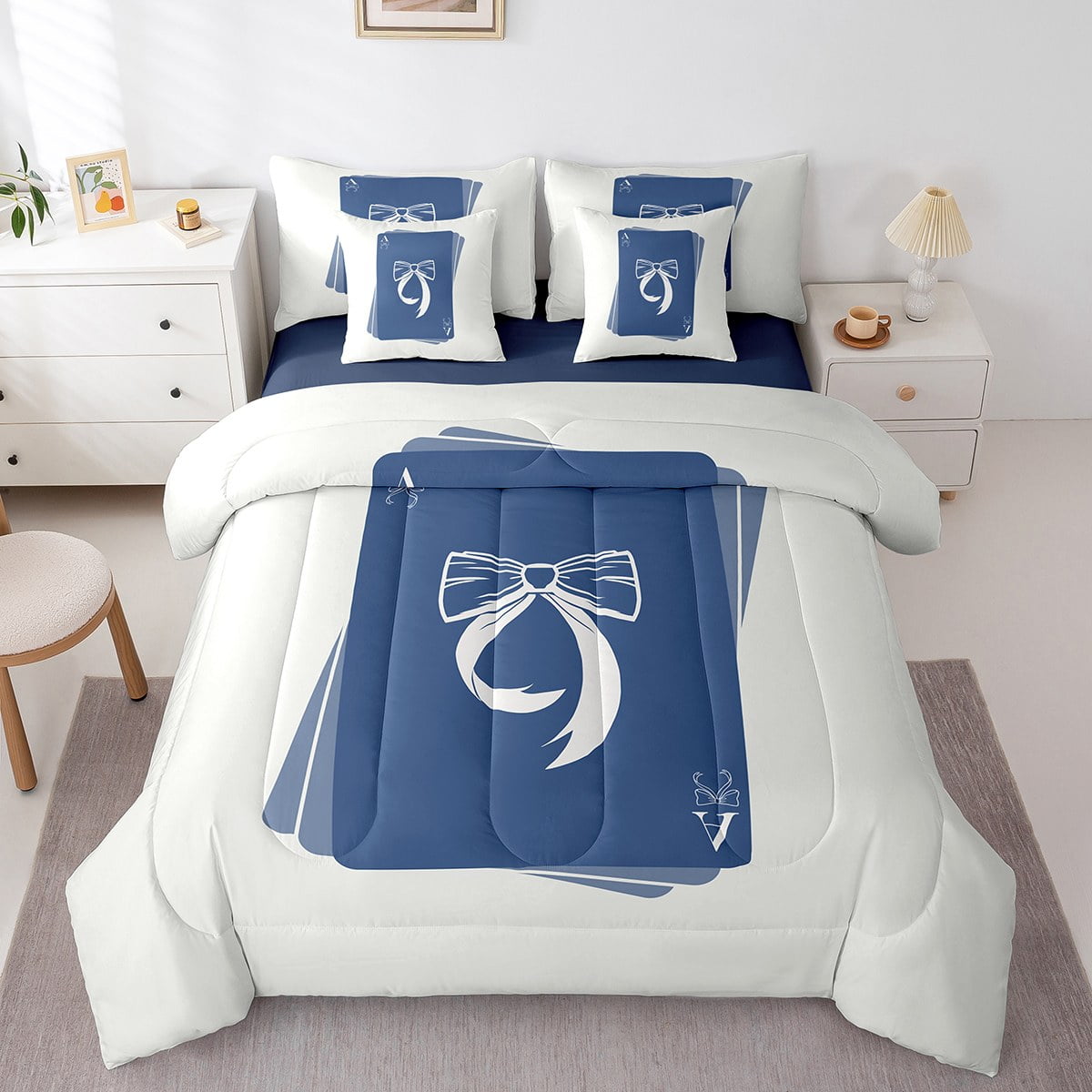 Erosebridal Blue Bow Bedding Queen Size, Paper Card Comforter Sets with ...