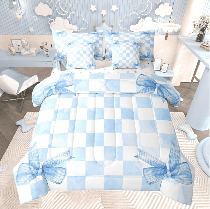 Erosebridal Blue Bow Bedding Sets Twin Size,Geometric Buffalo Comforter ...