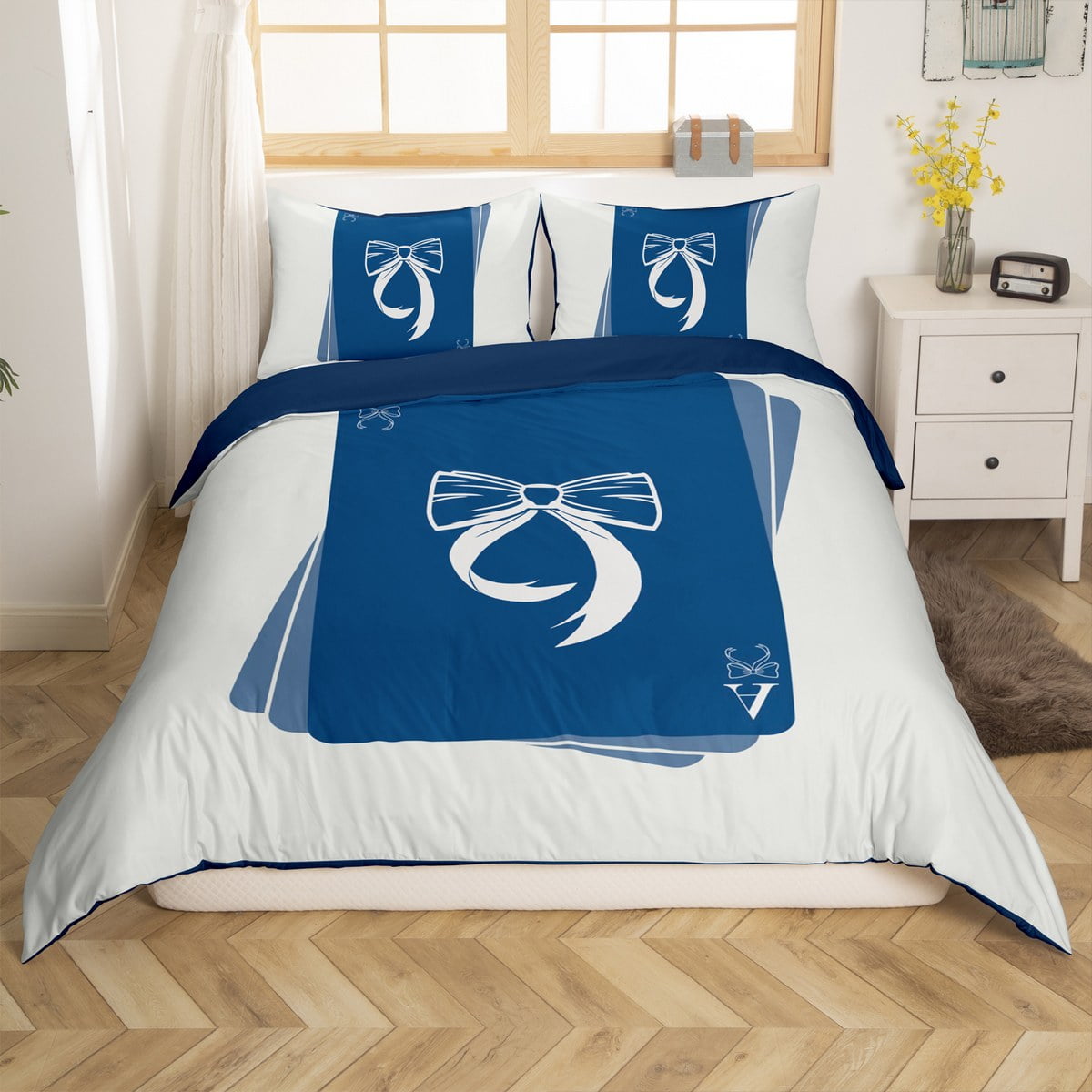 Erosebridal Blue Bow Duvet Cover Queen, Paper Card Bedding Sets Queen ...