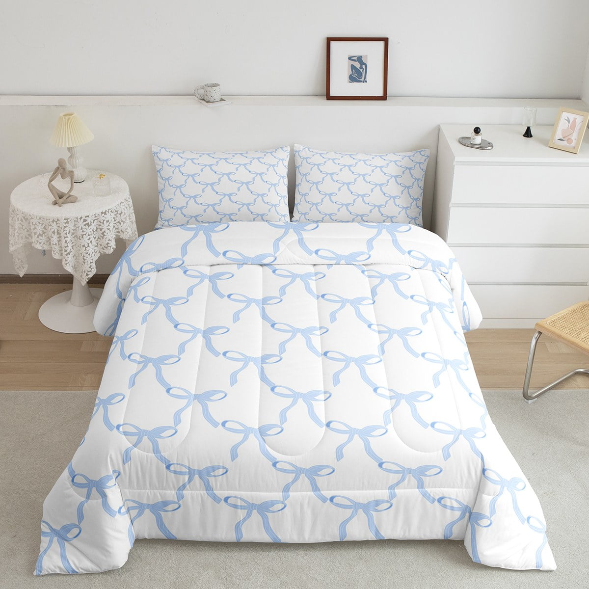 Erosebridal Blue Bow Print Bedding Set King Size Cute Bowknot Comforter ...