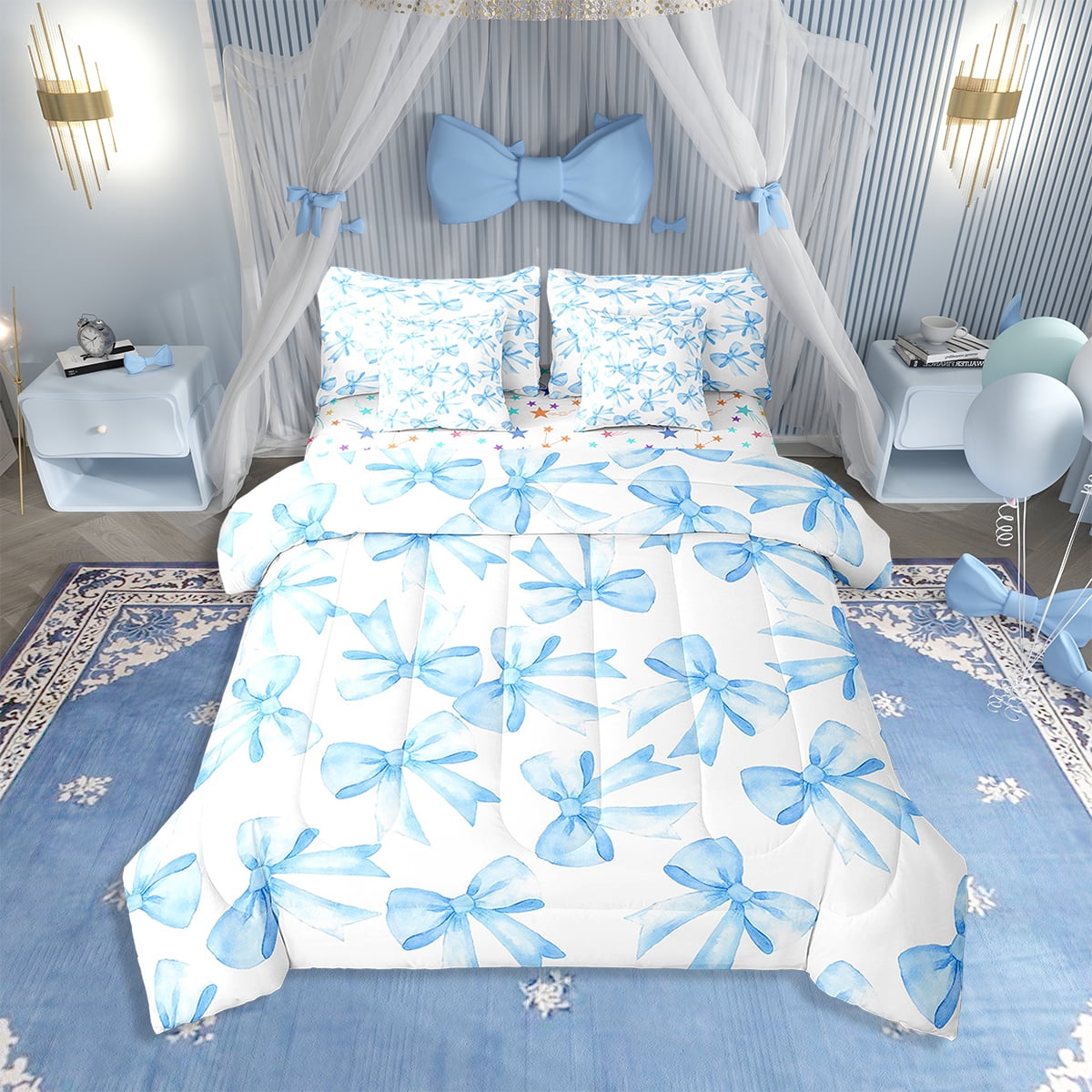 Erosebridal Blue Bowknot 7 Piece Bedding Set Bow Tie Comforter Set with ...