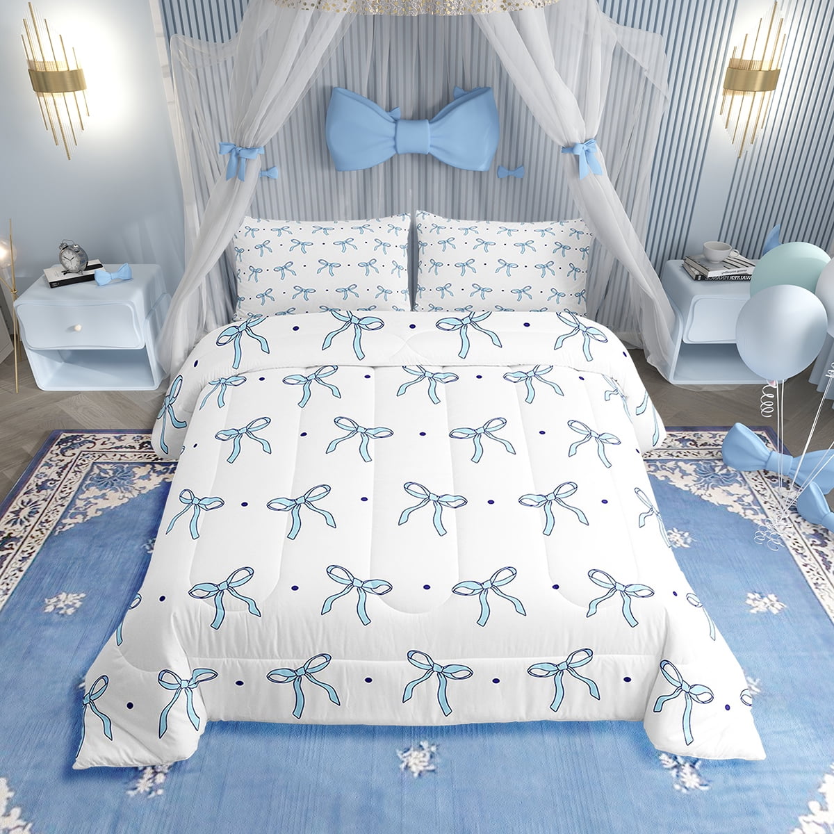 Erosebridal Blue Bowknot Comforter Set Twin Bow Tie Bedding Cute Dots ...