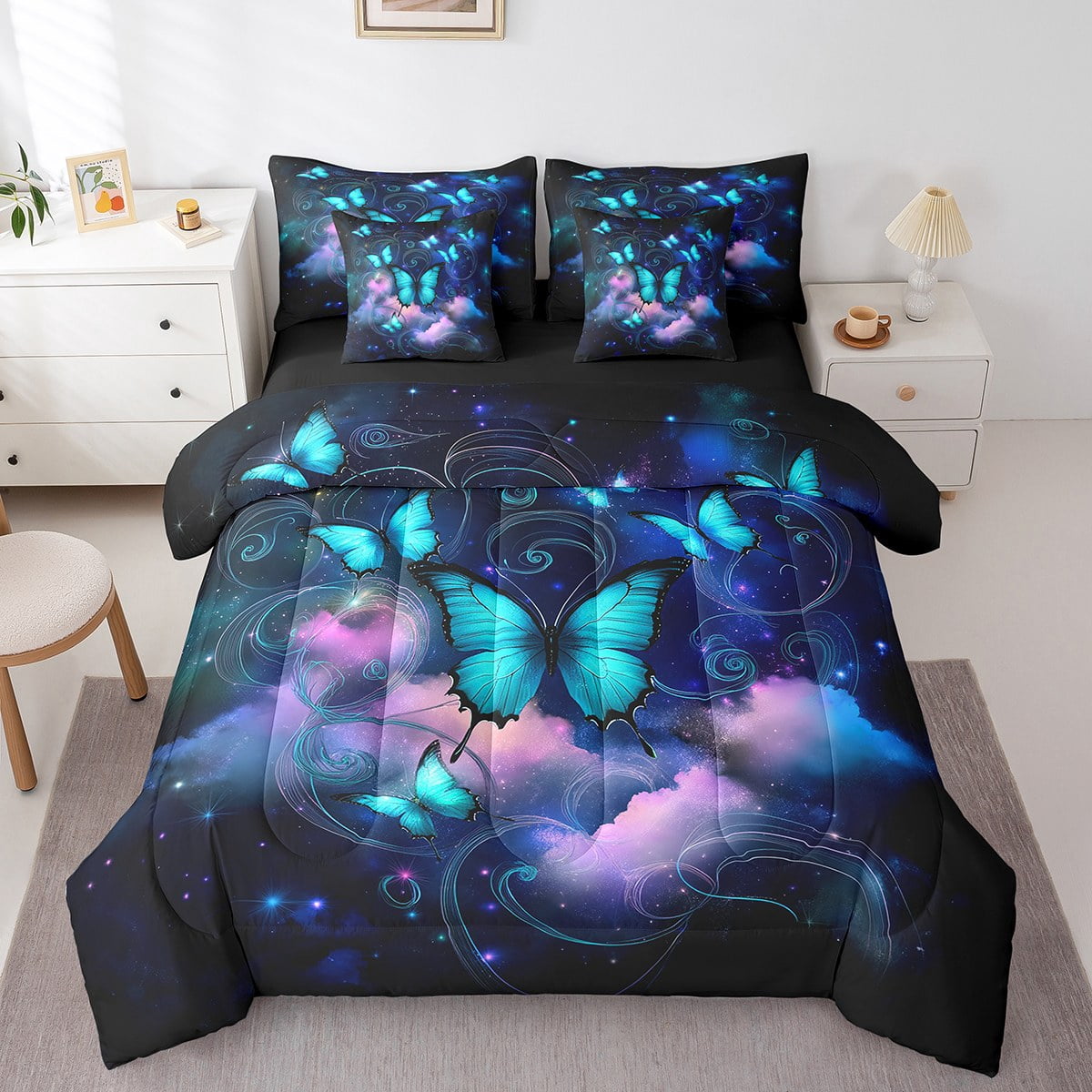 Erosebridal Blue Butterfly Bedding Queen Size Women, Starry Night Stars ...