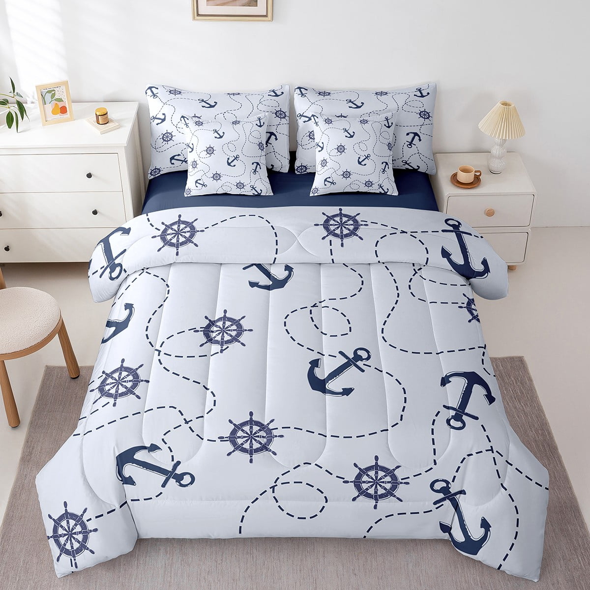 Erosebridal Blue Cartoon Anchor Bed in a Bag Full size, Geometric Line Bed Set, Sailboat Decor ...