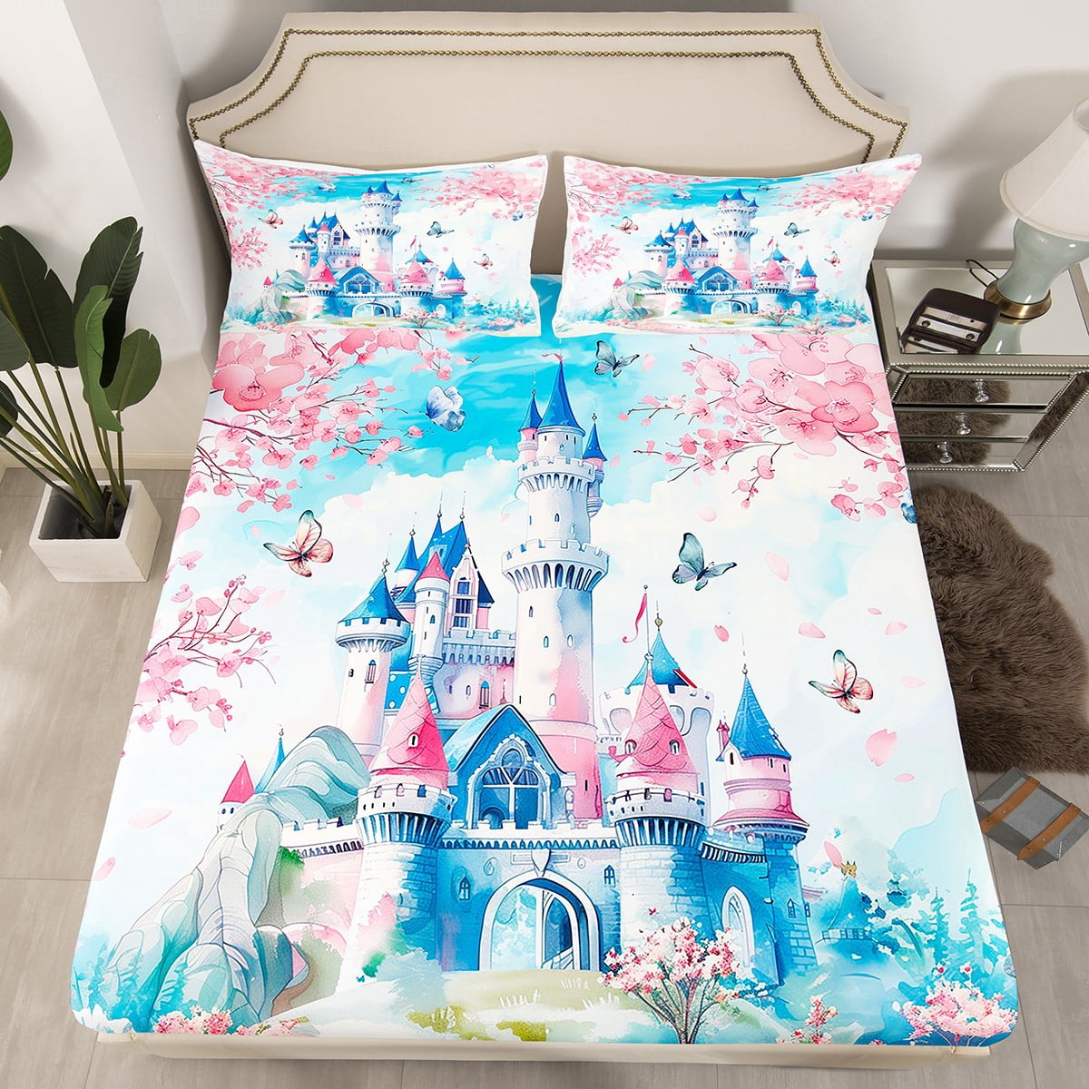 Erosebridal Blue Castle Fitted Sheet Full,Floral Butterfly Bedding Set ...