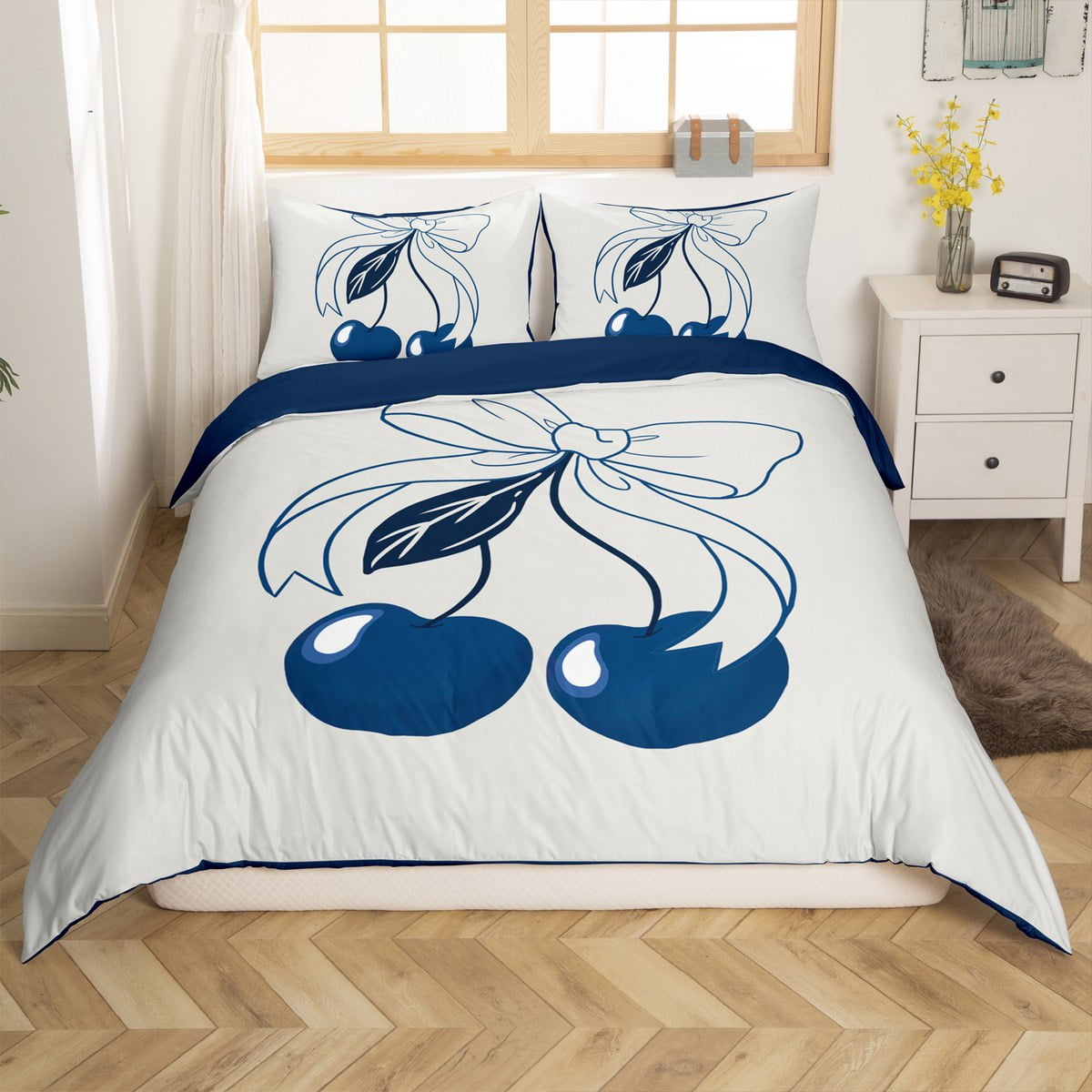 Erosebridal Blue Cherry Comforter Cover Queen, Girly Bow Bedding Queen ...
