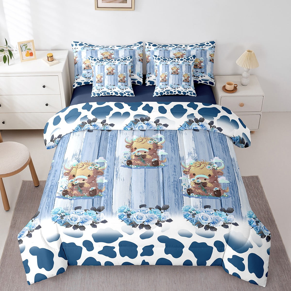 Erosebridal Blue Cow Print Bed in a Bag Queen size, Farmhouse Cow Bed ...