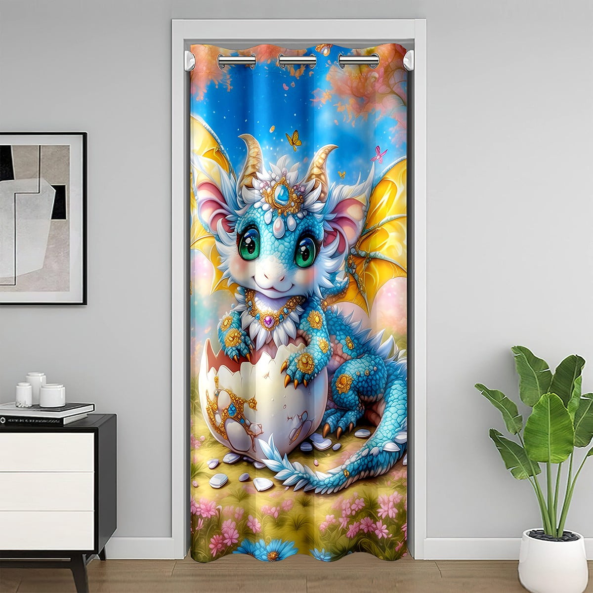Erosebridal Blue Cute Dragon Door Curtain Panel 42x80, Groovy Floral ...