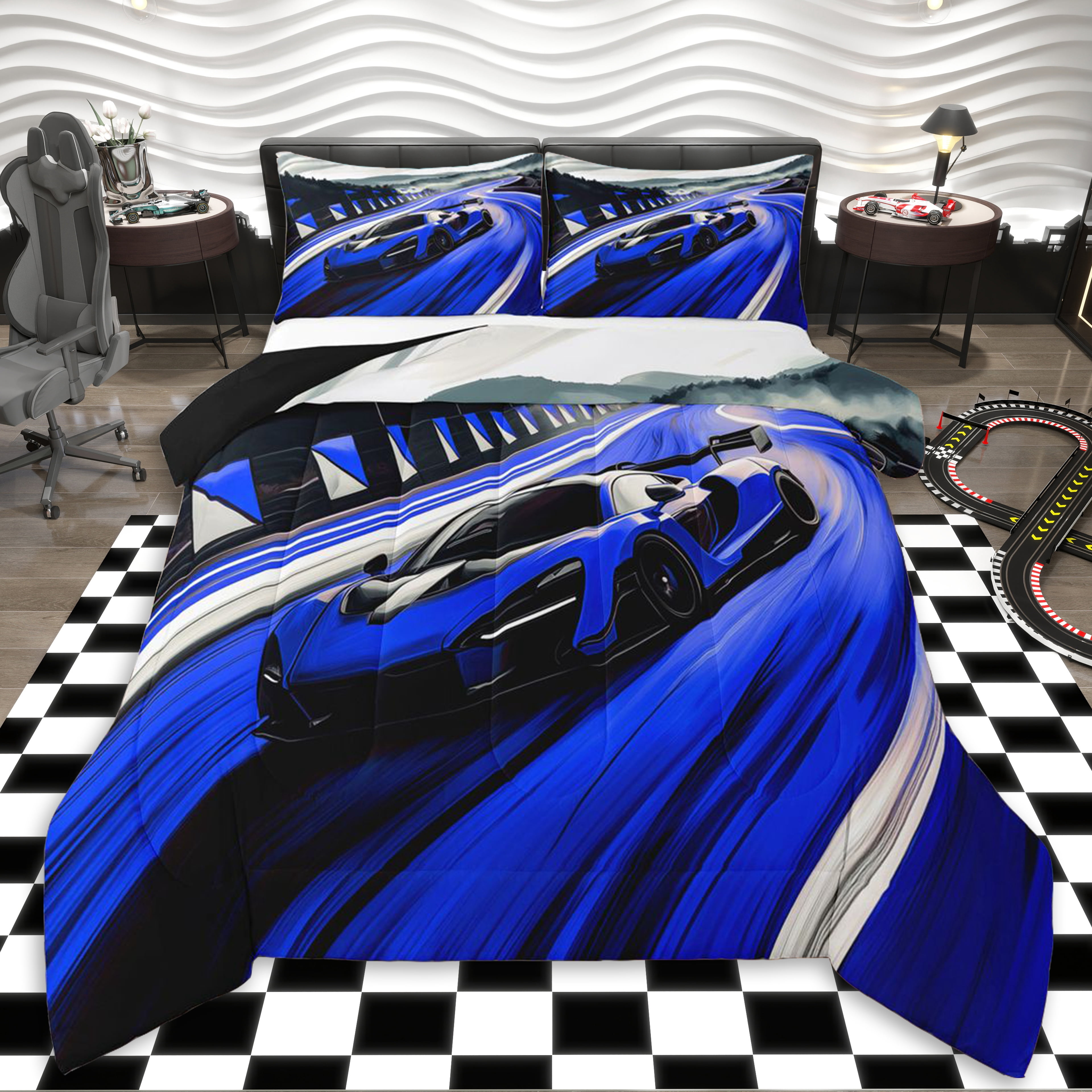 Erosebridal Blue Fast Car Full Size Comforter Sets 3 Pieces For Kids ...