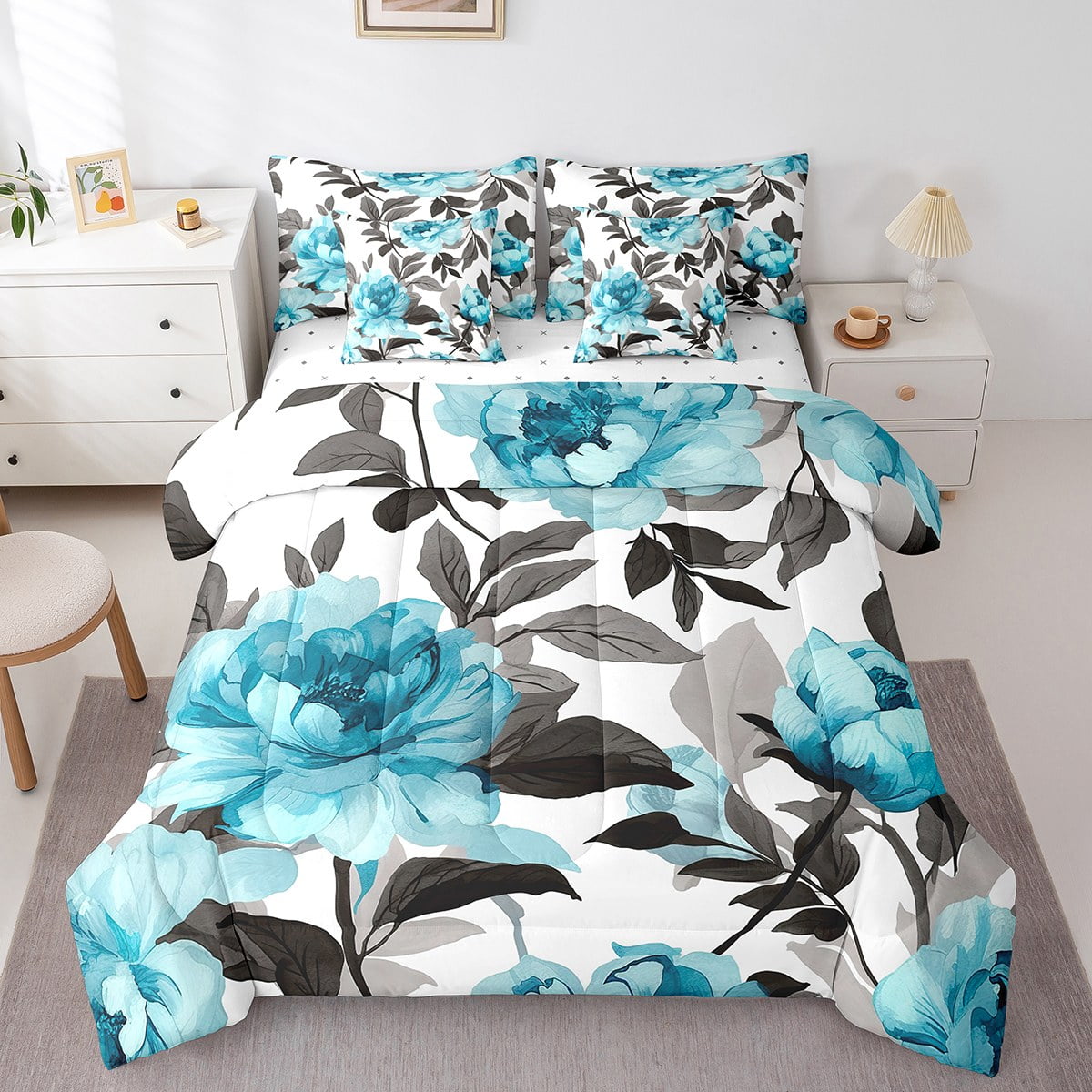 Erosebridal Blue Floral Bed in a Bag King Size, Watercolor Blossoms ...