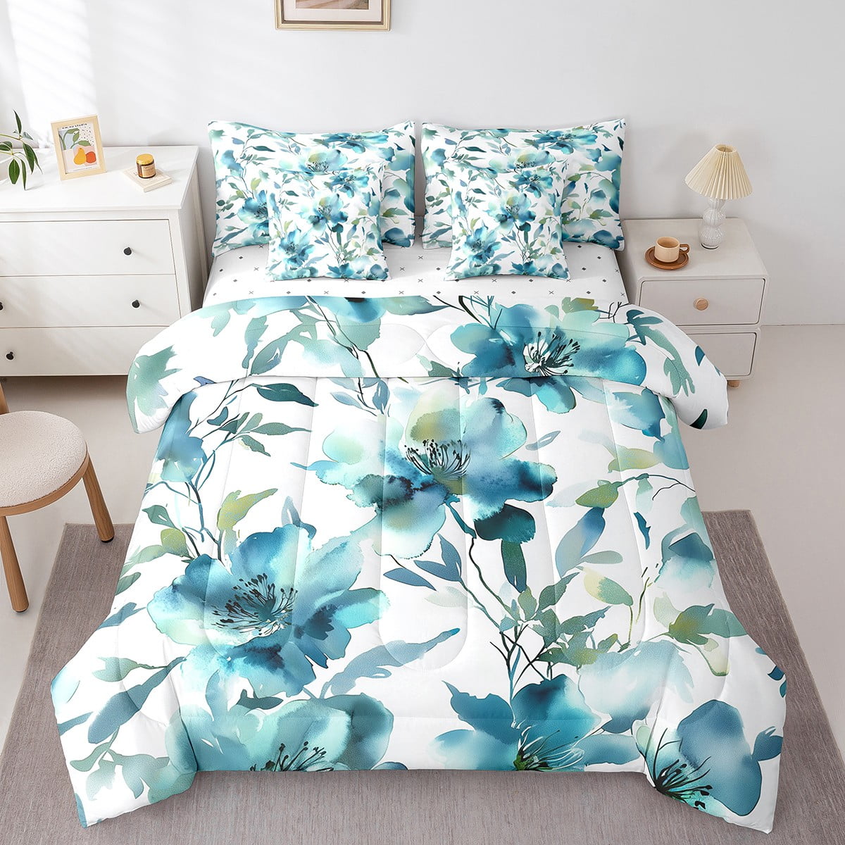 Erosebridal Blue Floral Bedding Sets Twin Size, Retro Botanical ...