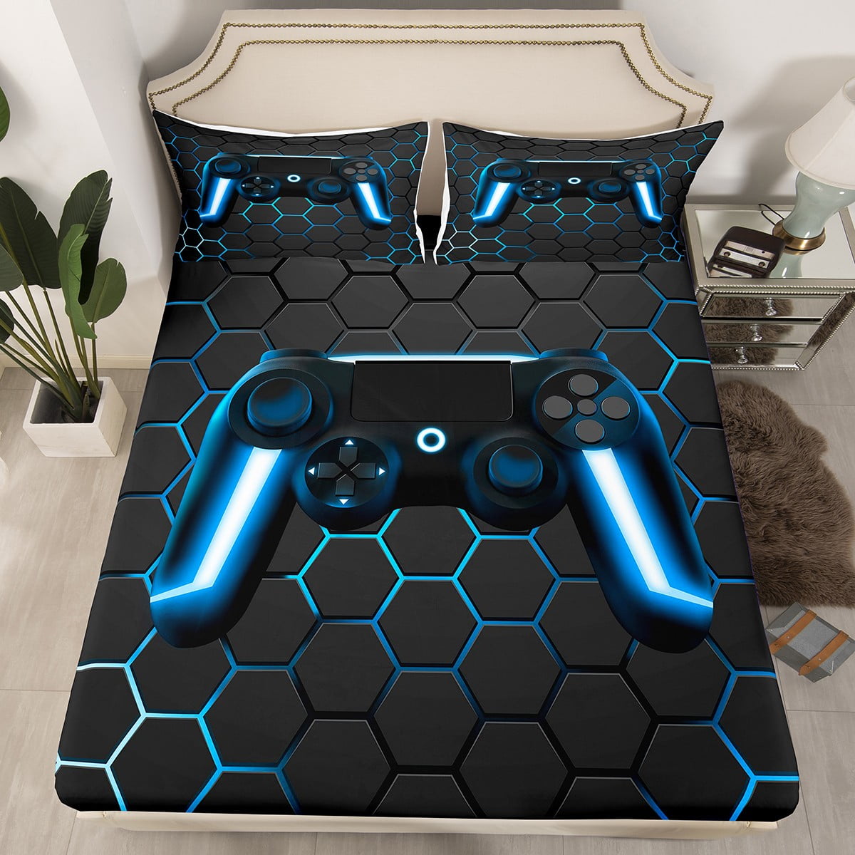 Erosebridal Blue Gaming Bed Sheets Gamer Fitted Sheet Game Home Decor 3 ...