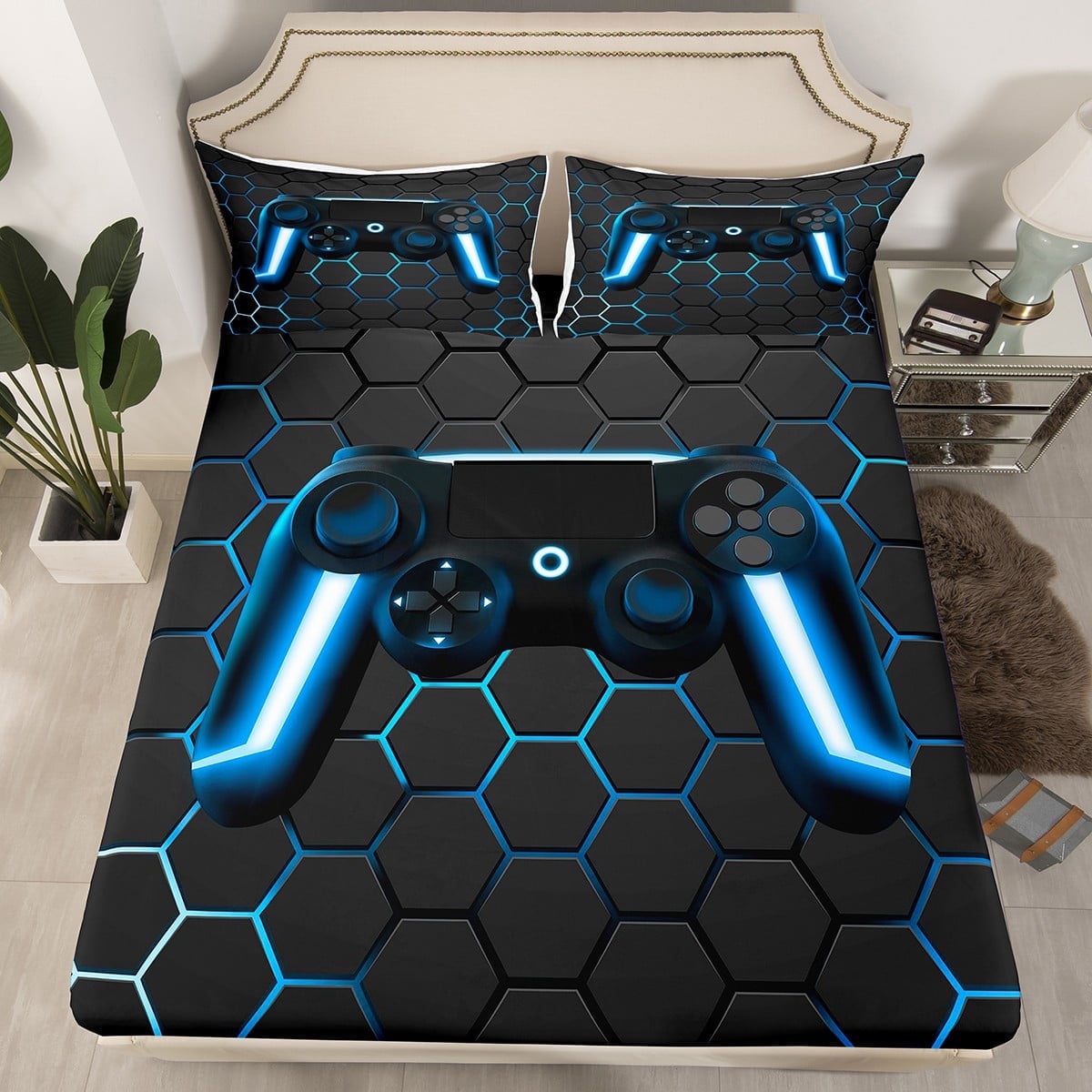 Erosebridal Blue Gaming Bed Sheets Gamer Fitted Sheet Game Home Decor 3 ...