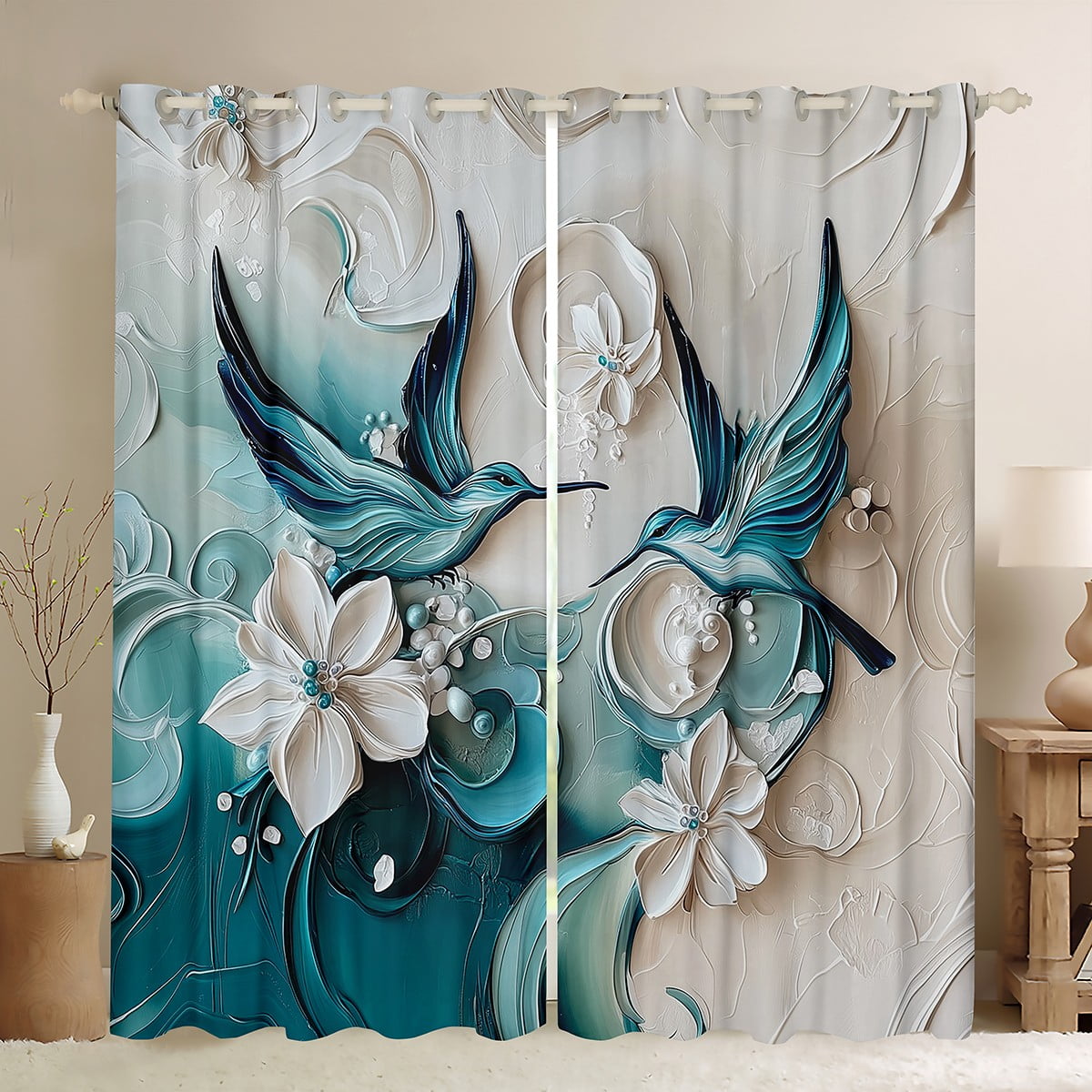 Erosebridal Blue Hummingbird Curtains Pack of 2 (52Wx63L),Flower ...