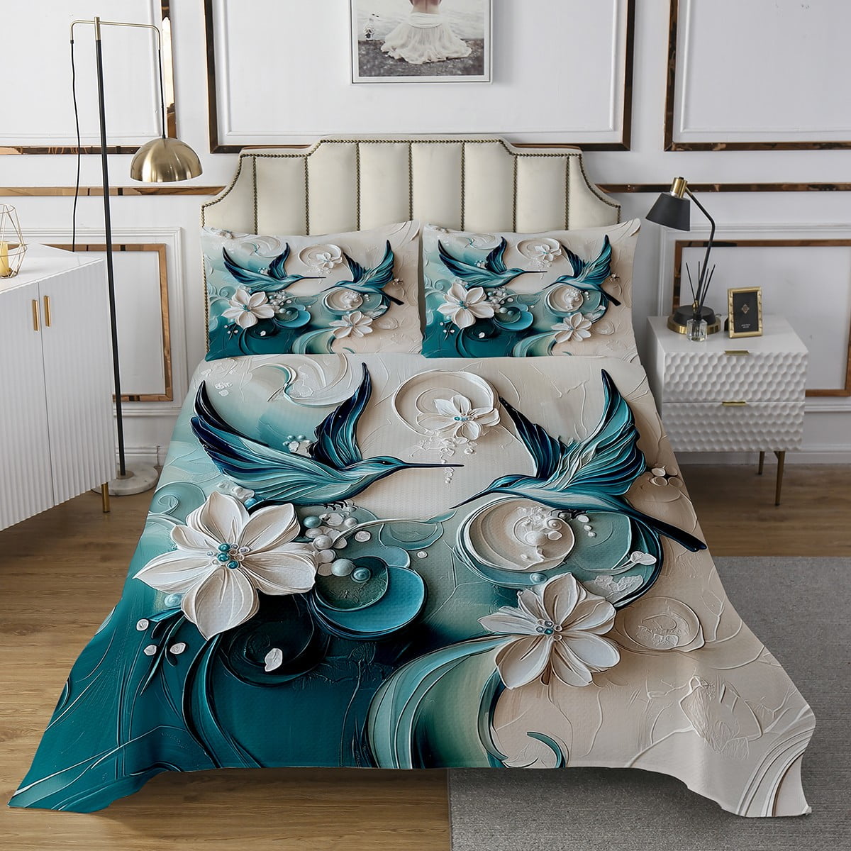 Erosebridal Blue Hummingbird Quilt Sets for Queen Size Bed,Flower Bed ...