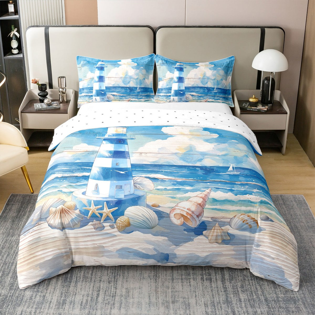 Erosebridal Blue Lighthouse 100% Cotton Duvet Cover Full Size, Marine Ocean Bedding Sets Full ...