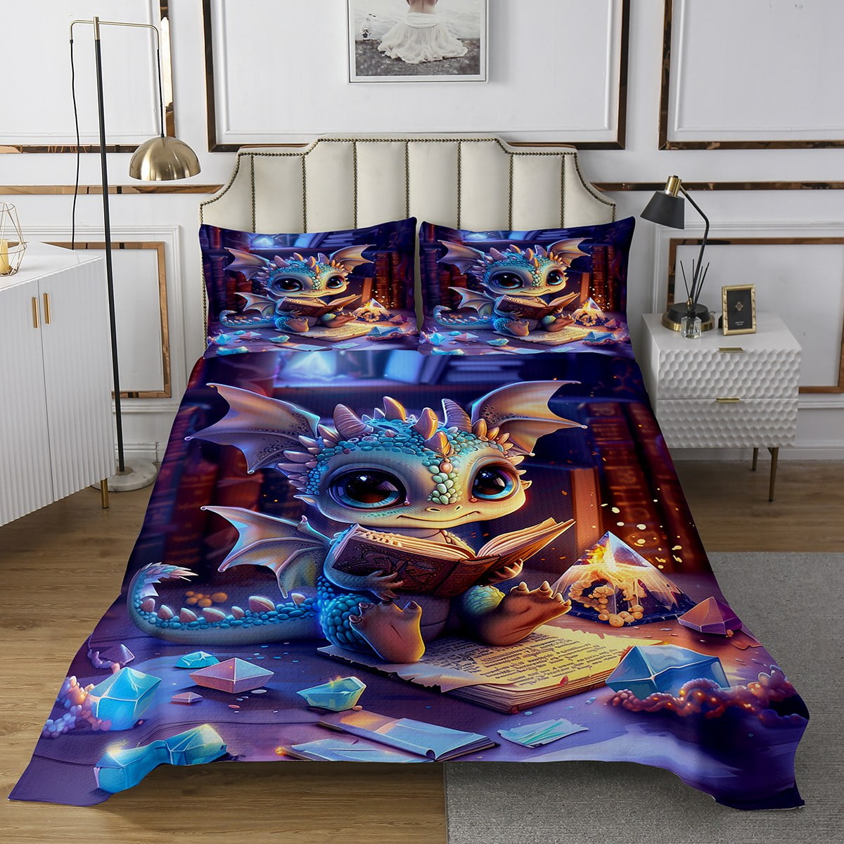 Erosebridal Blue Magical Dragon Quilt Sets for Queen Size Bed,Bling ...
