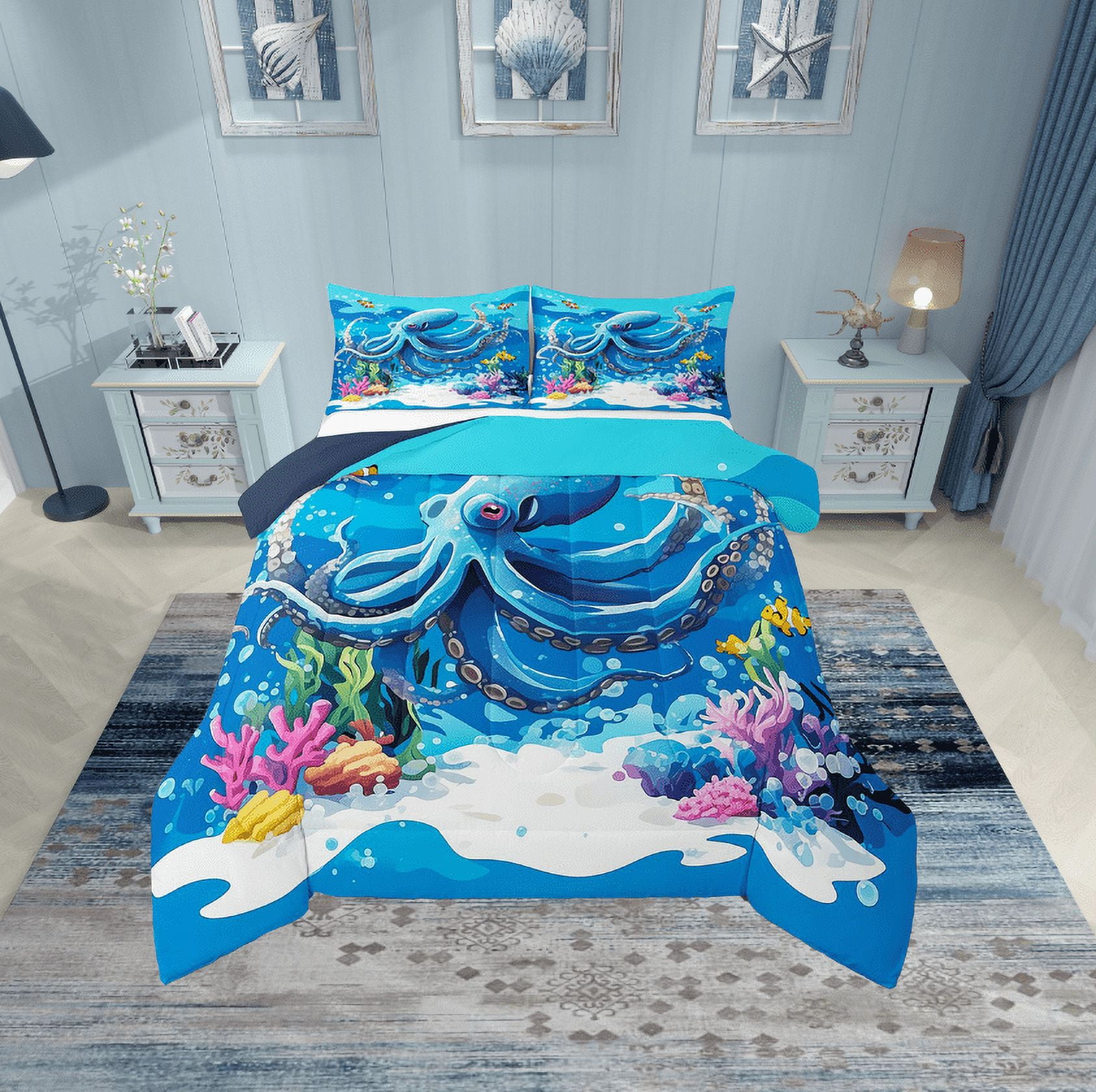 Erosebridal Blue Octopus Comforter Sets,Marine Animal Comforters ...