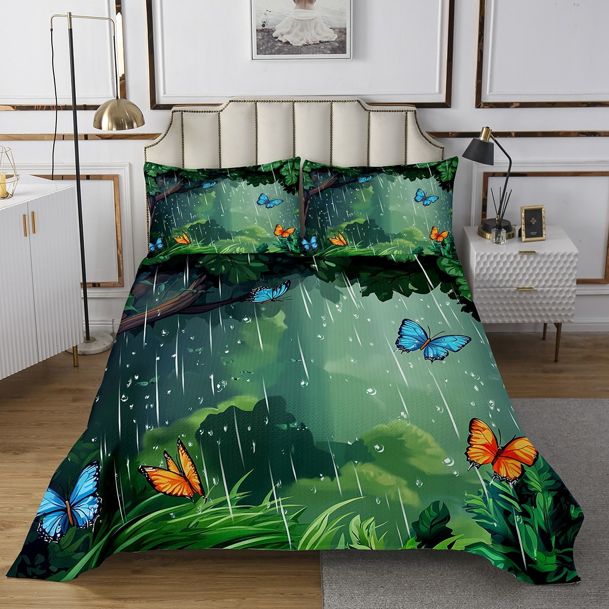 Erosebridal Blue Orange Butterfly Quilt Sets for King Size Bed, Green ...
