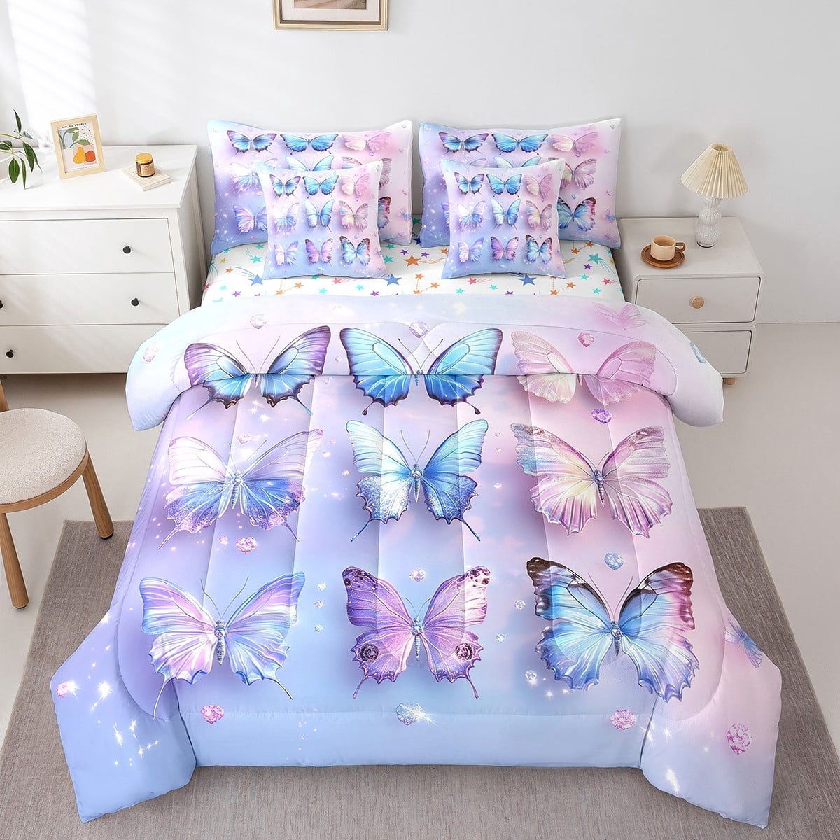 Erosebridal Blue Pink Butterfly Bedding Sets Twin Size, Dreamy Princess ...