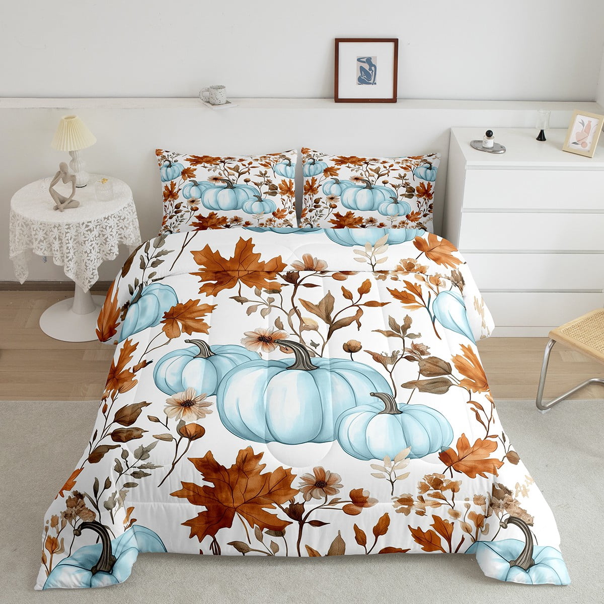 Erosebridal Blue Pumpkin Comforter Sets Twin Size, Fall Maple Leaf Down ...