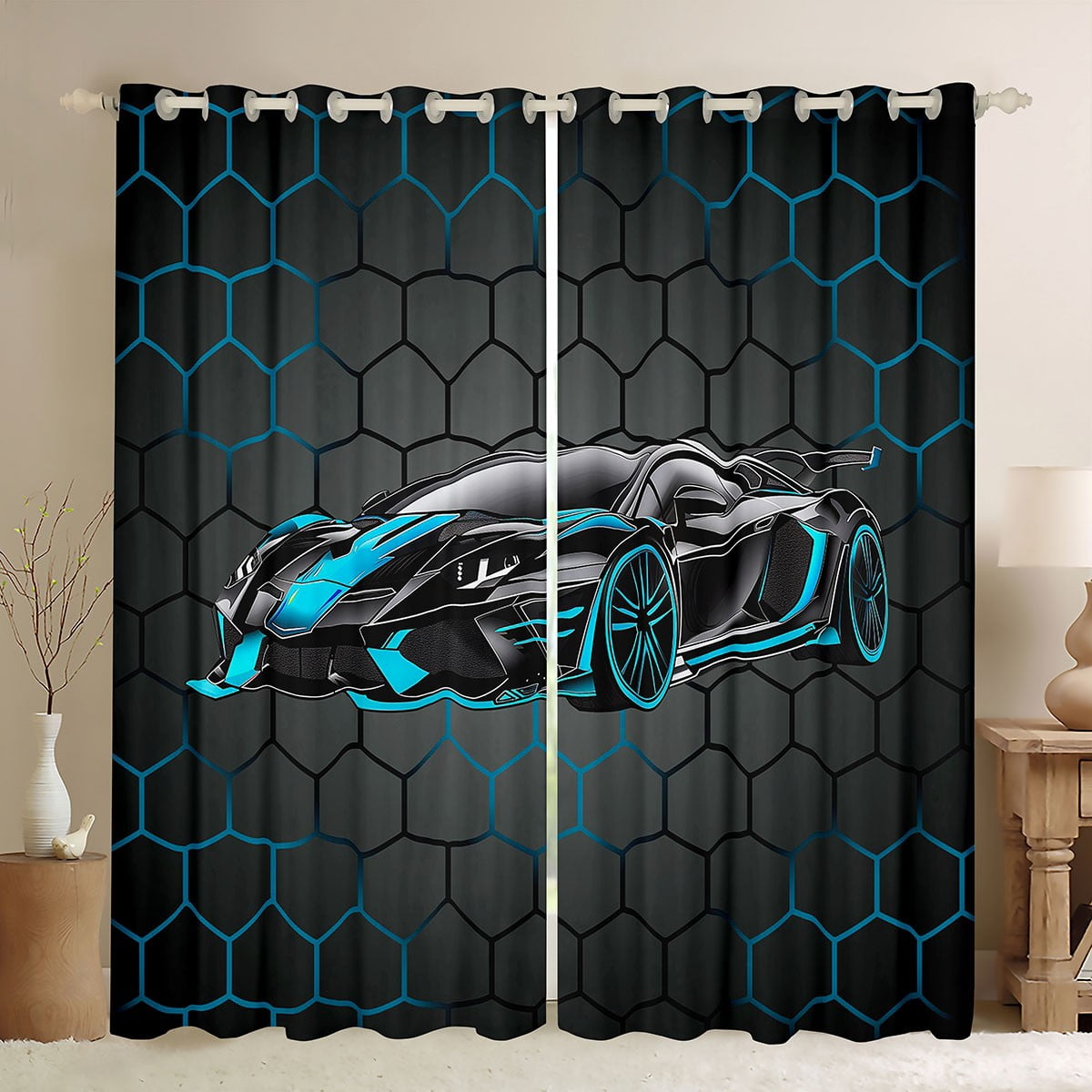 Erosebridal Blue Race Car Curtains for Living Room,Honeycomb Hexagon ...