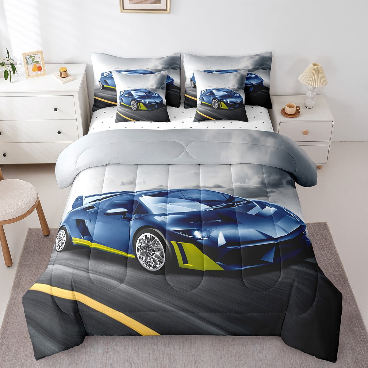 Erosebridal Blue Race Car Twin Comforter, Racing Car Fitted Sheet ...