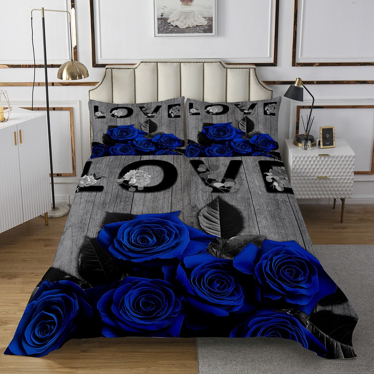 Erosebridal Blue Rose Coverlet Set Twin, Black Blue Bedding Set ...
