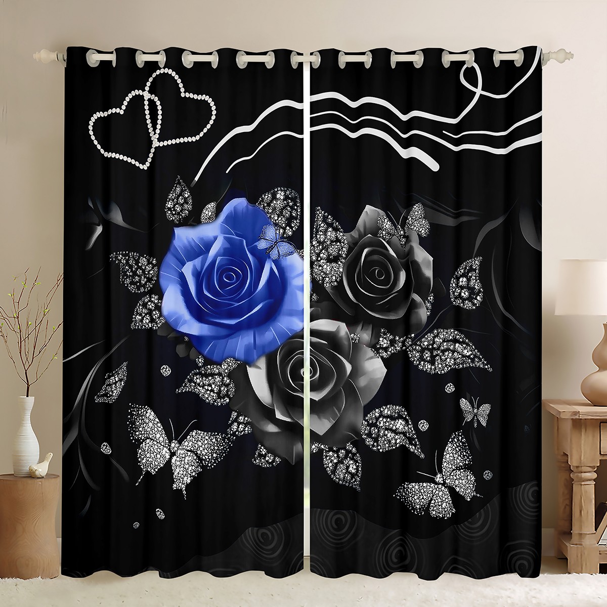 Erosebridal Blue Rose Floral Curtains For Bedroom, Romantic Rose ...