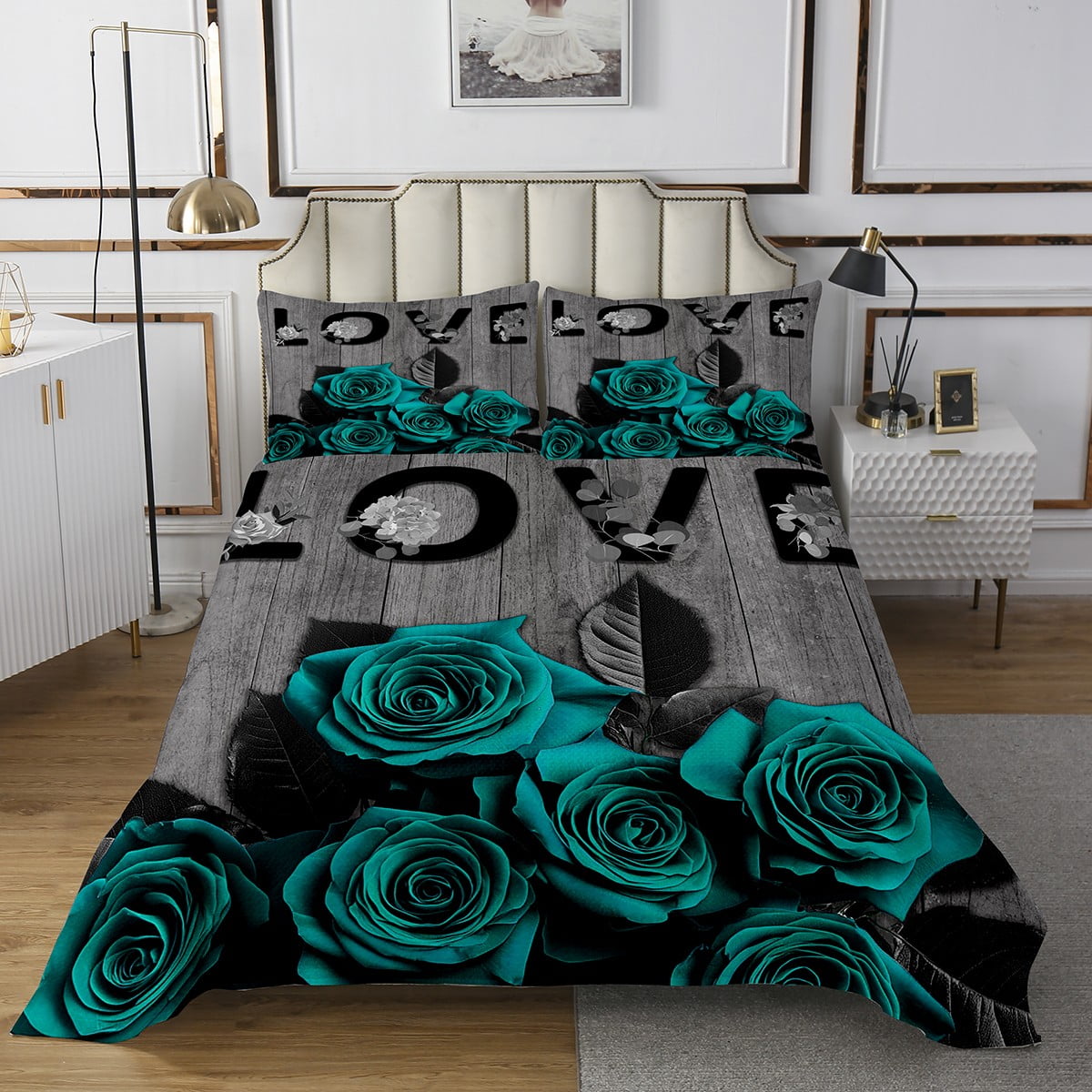 Erosebridal Blue Rose Quilt Sets for Twin Size Bed, Black Blue Bed Set ...