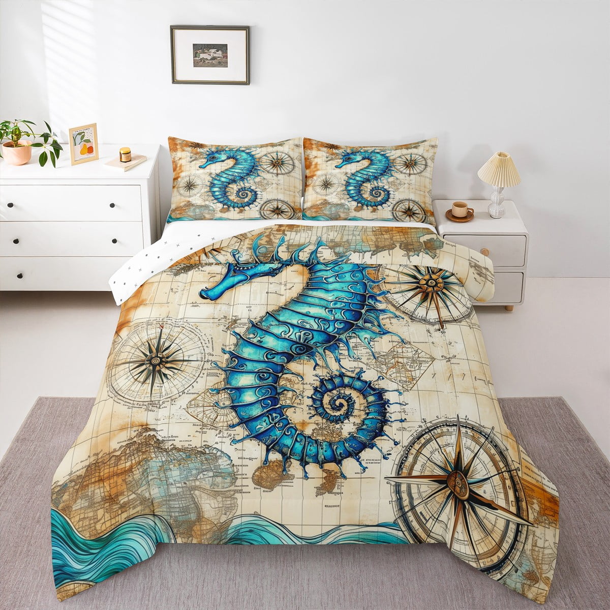 Erosebridal Blue Seahorse Comforter Sets Full Size, Vintage World Map ...