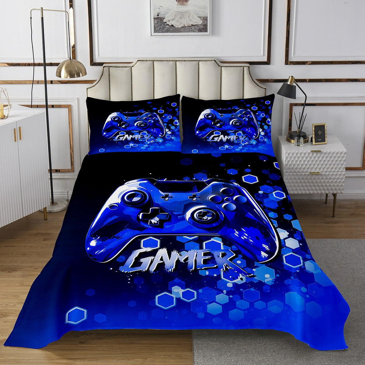 Erosebridal Blue Video Game Quilt Sets for Queen Size Bed,Geometric ...