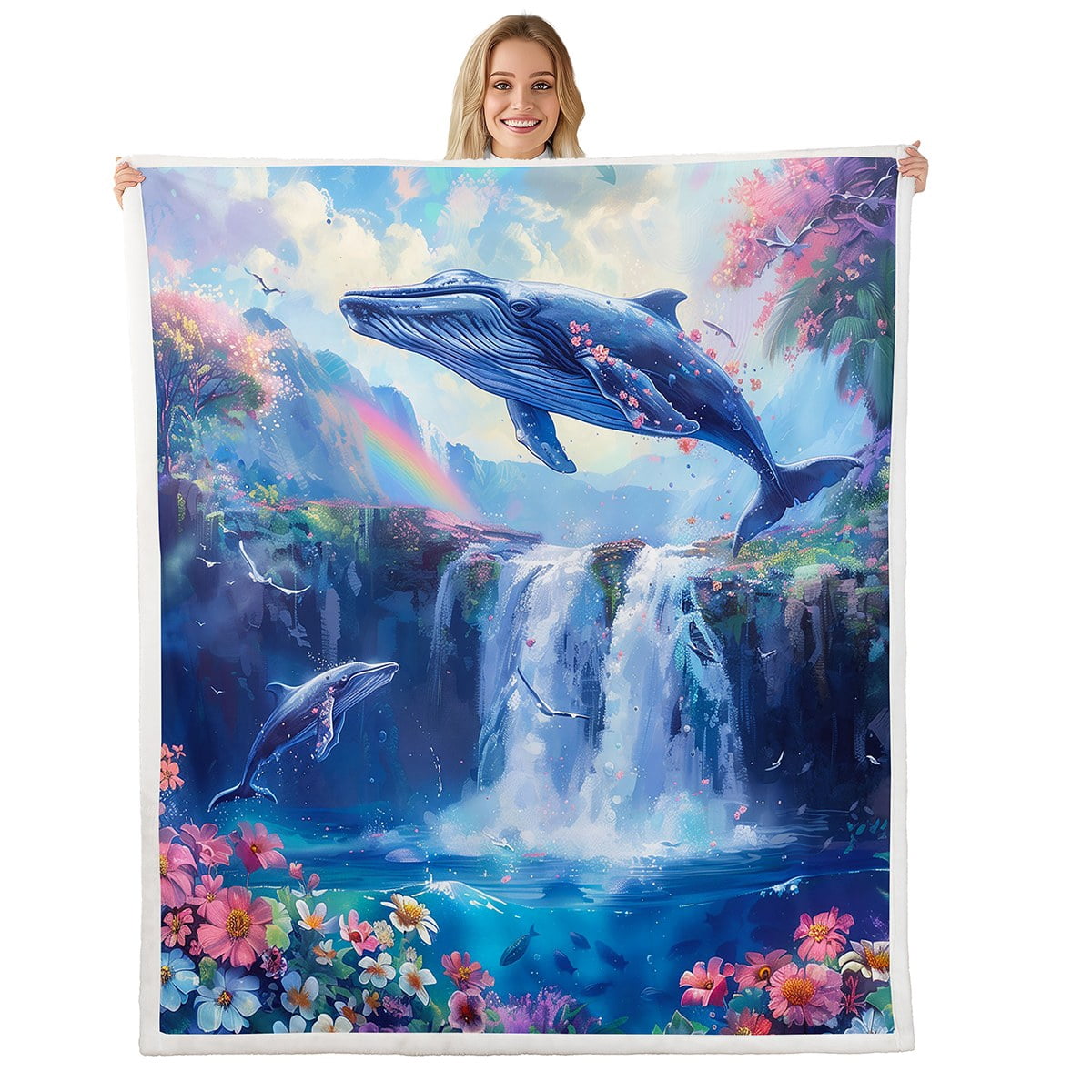 Erosebridal Blue Whale Fleece Blanket, Lake Waterfall Sherpa Throw ...
