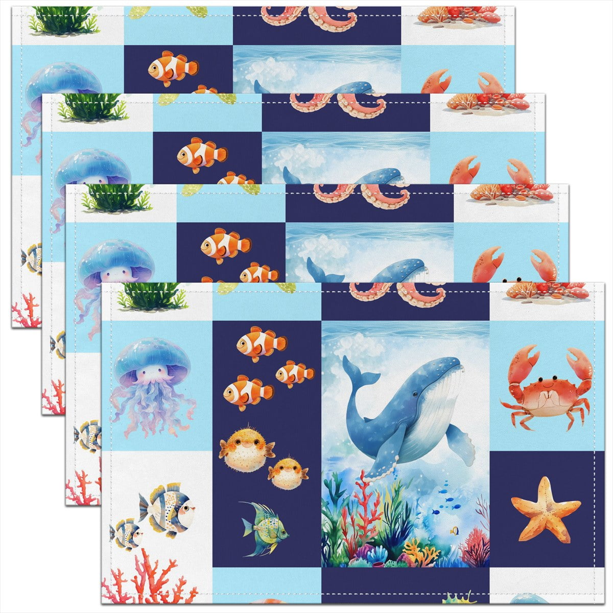 Erosebridal Blue Whale Placemats Set of 4, Ocean Patchwork Table Place Mats for in Door Dining ...