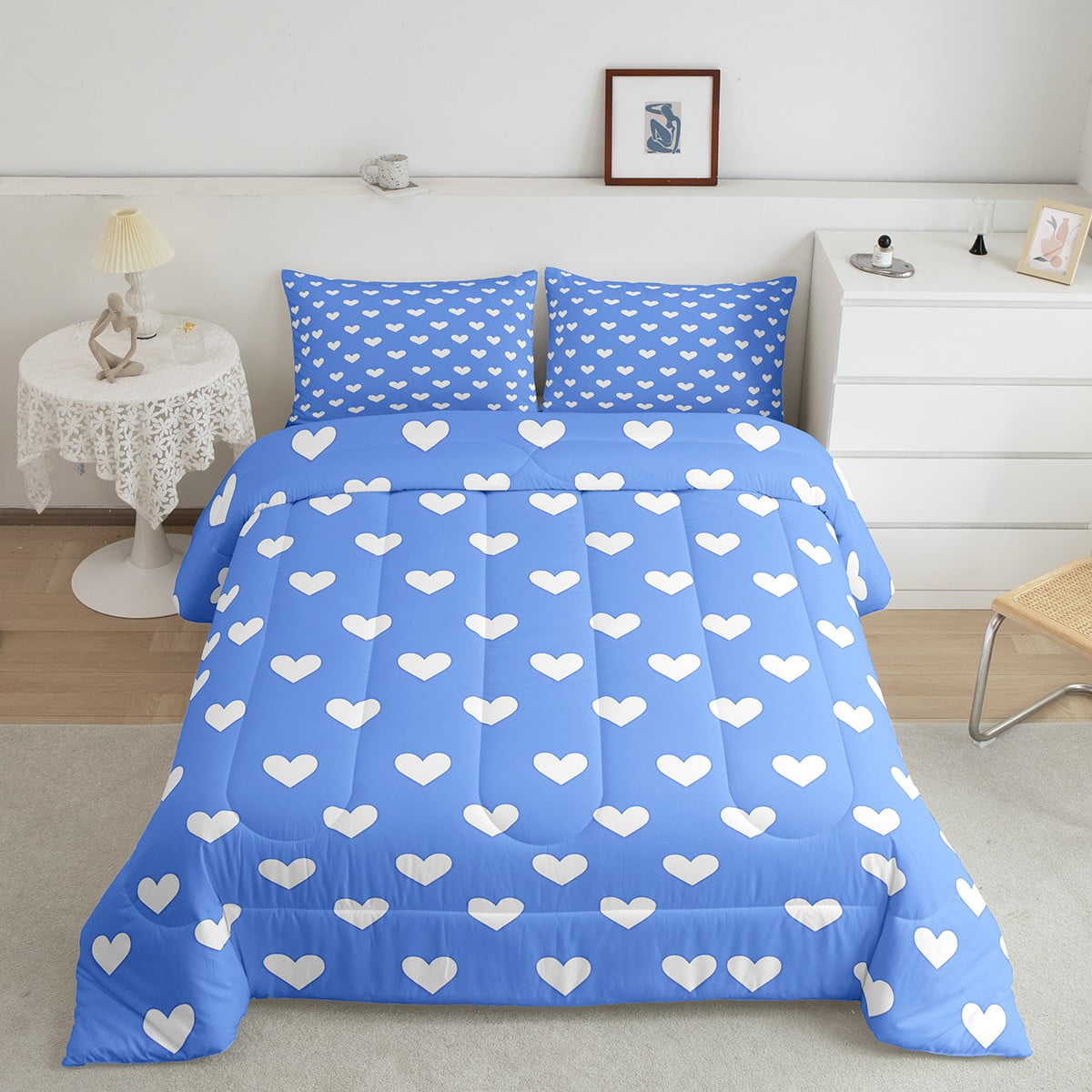 Erosebridal Blue White Comforter Set Twin Size Cute Heart Pattern ...