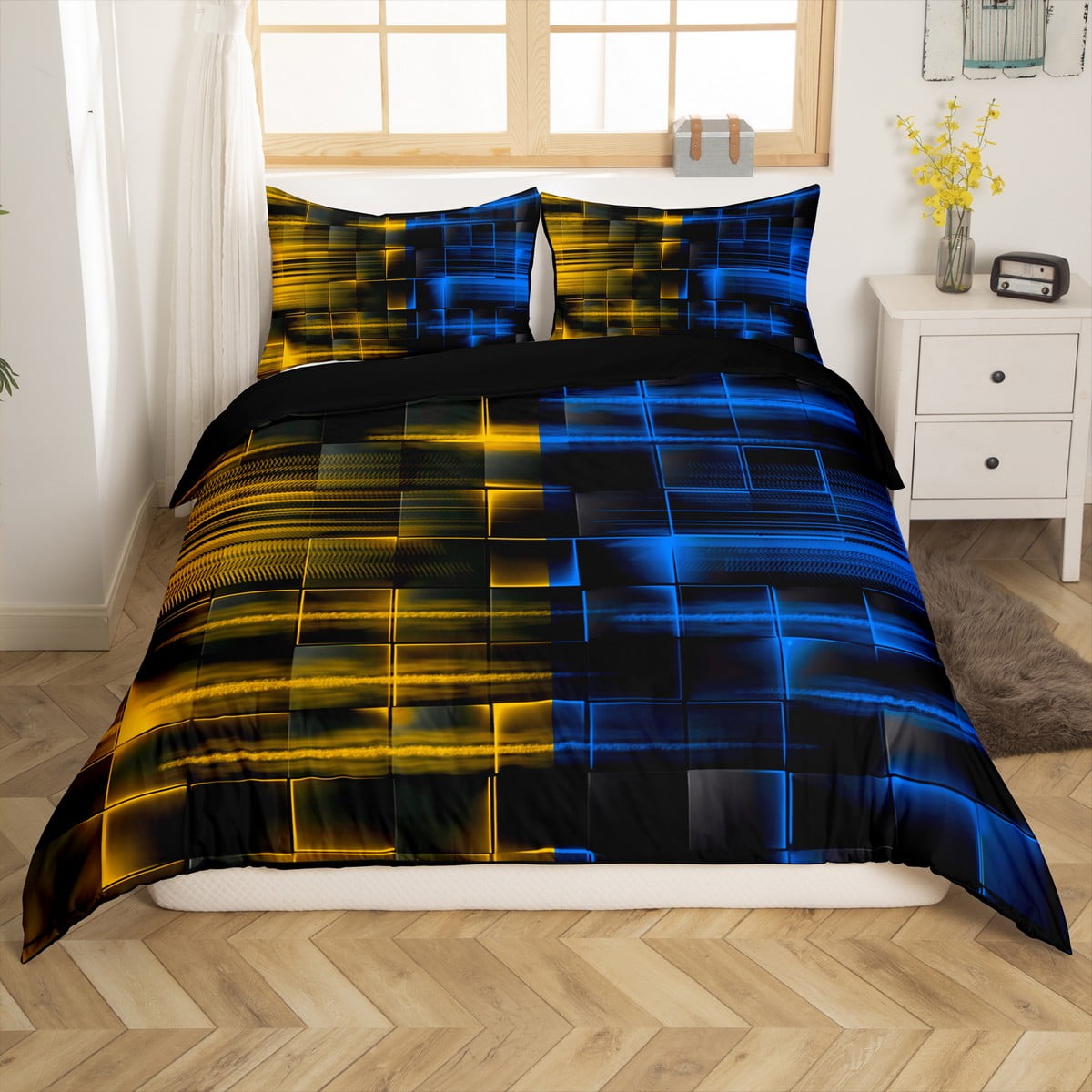 Erosebridal Blue and Yellow Bedding Set Queen Size Geometric Comforter ...
