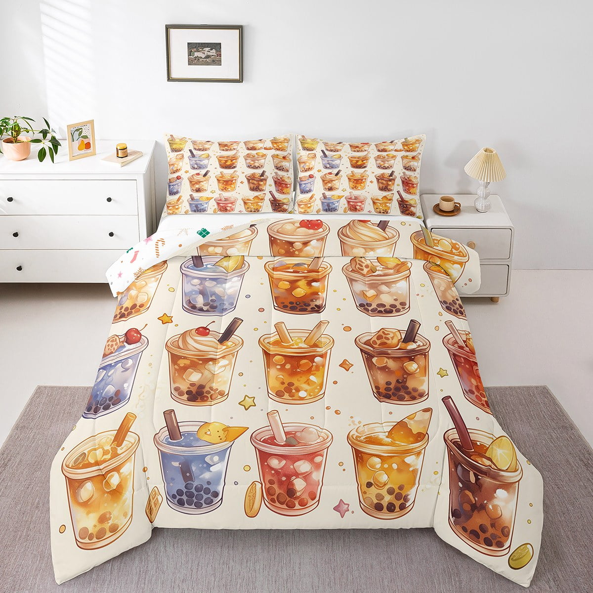Erosebridal Boba Tea Bedding Set Queen Size,Cute Bubble Tea Comforter ...