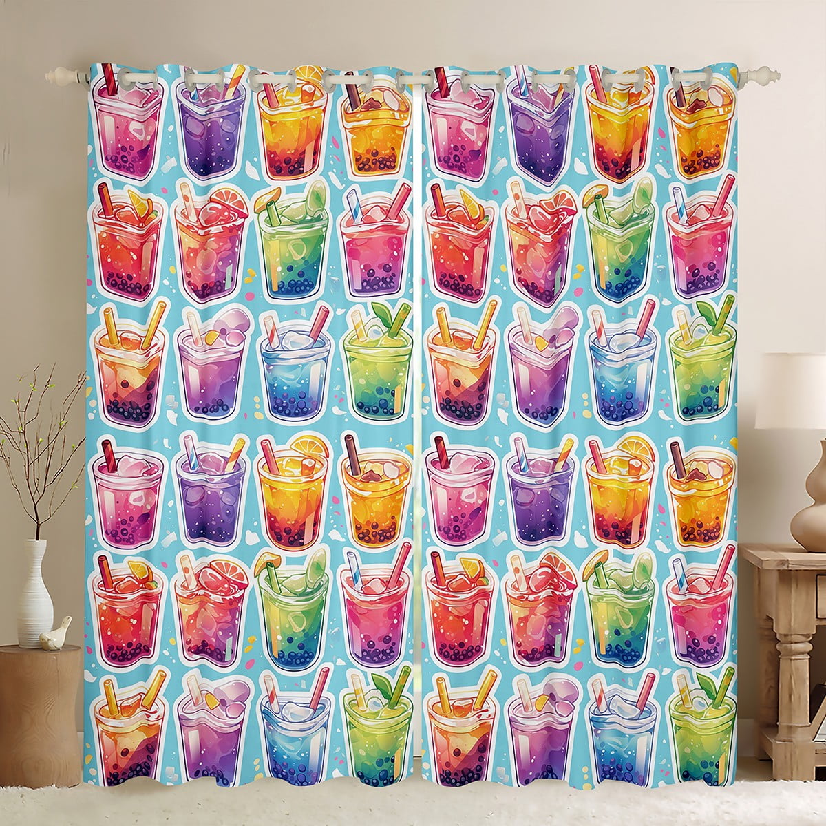 Erosebridal Boba Tea Curtains for Bedroom,Rainbow Bubble Tea Curtains ...