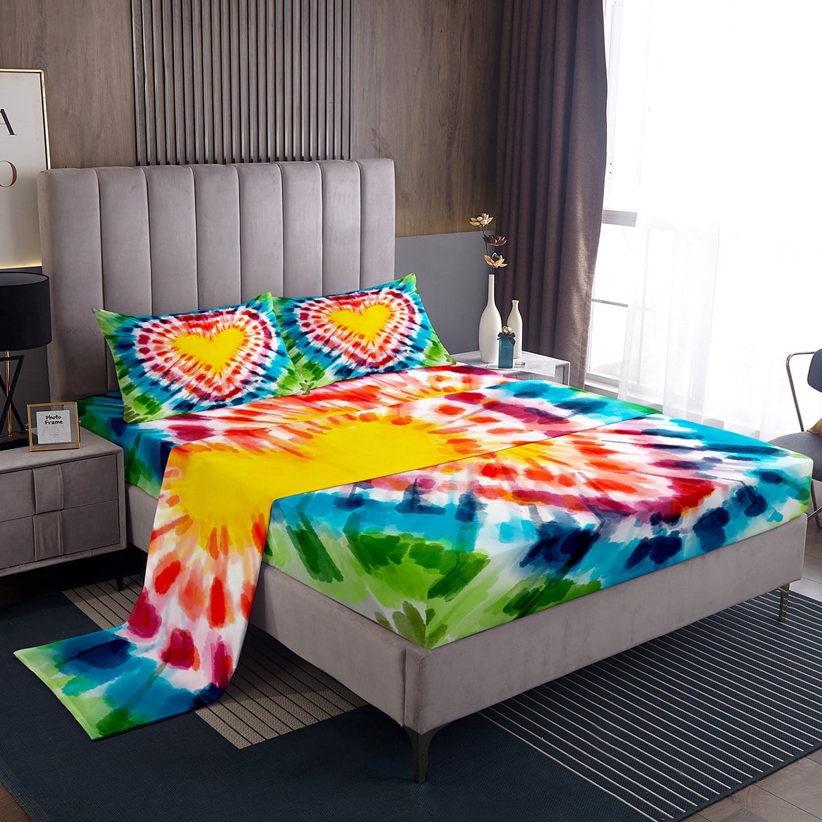 Erosebridal Bohemian Queen Sheet Set Rainbow Tie Dye Sheets, Love Heart ...