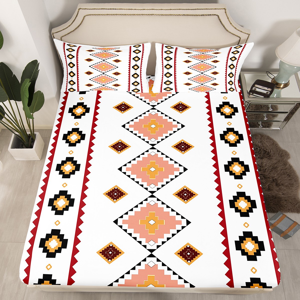 Erosebridal Boho Aztec Fitted Sheet Set Queen,Pink White Fitted Sheet ...