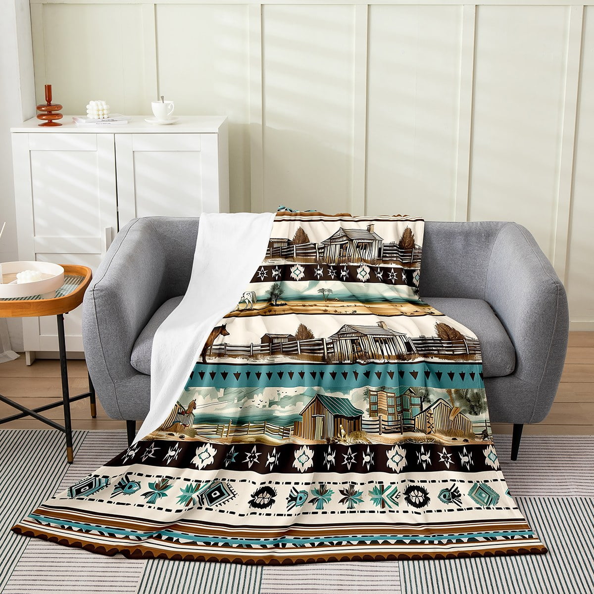 Erosebridal Boho Aztec Sherpa Blanket, Rustic Farmhouse Throw Blanket ...