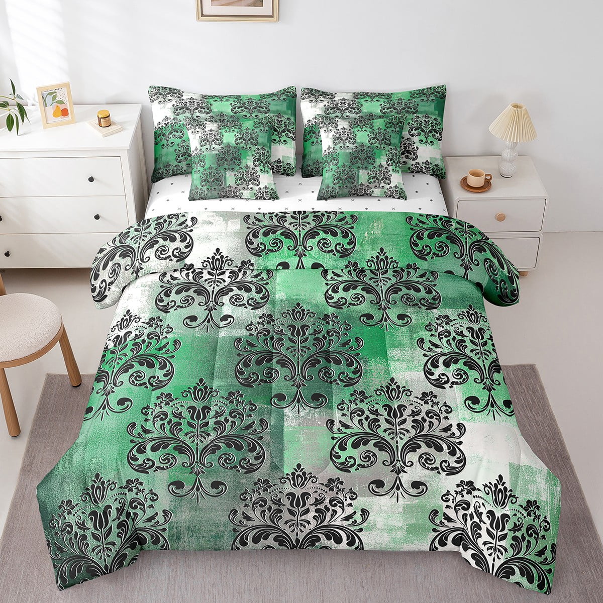 Erosebridal Boho Black Damask Bedding Queen Size, Green Gradient ...